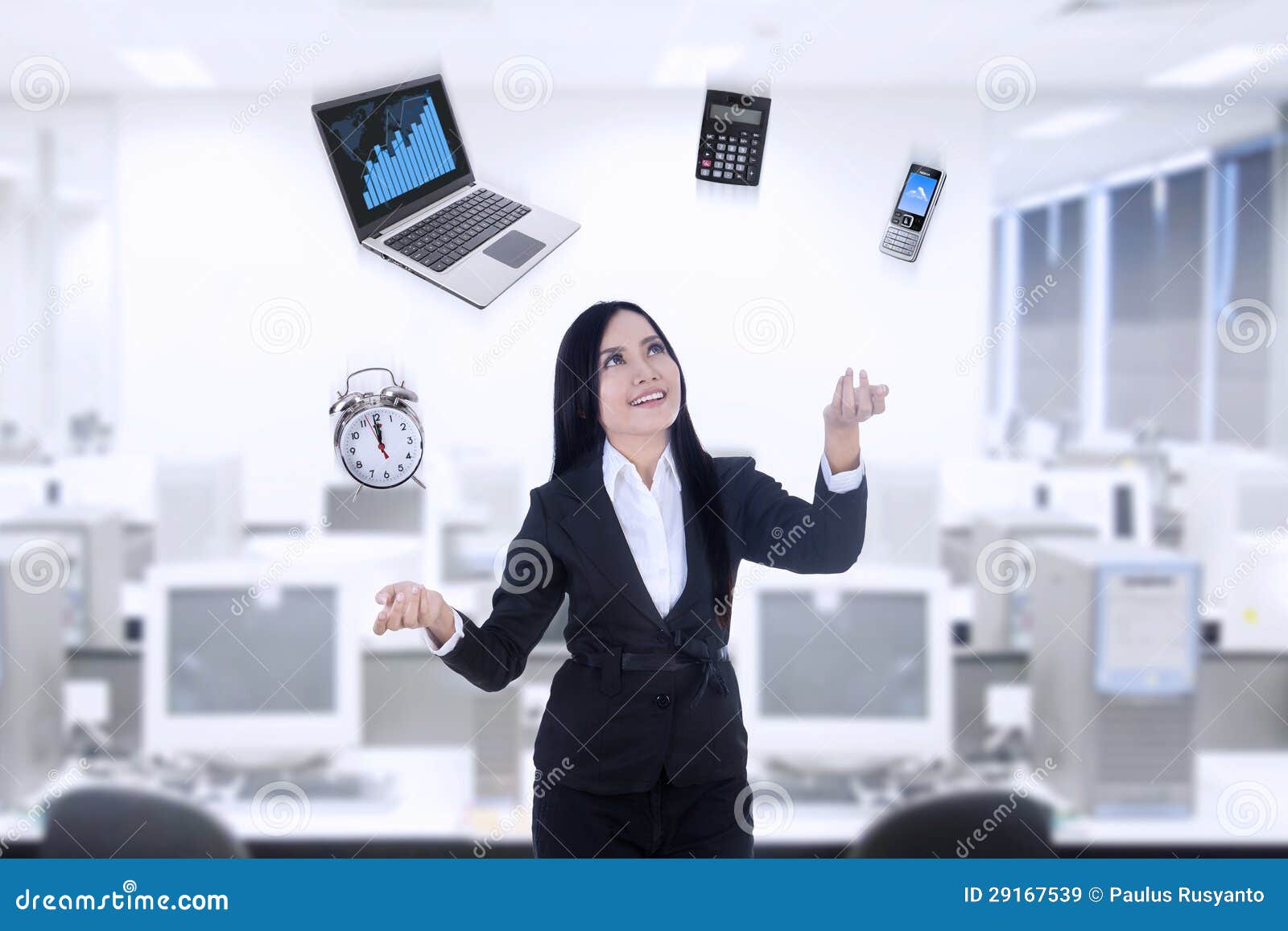 Multitasker Businesswoman Using Laptop, Calculator, Phone, Clock Stock ...