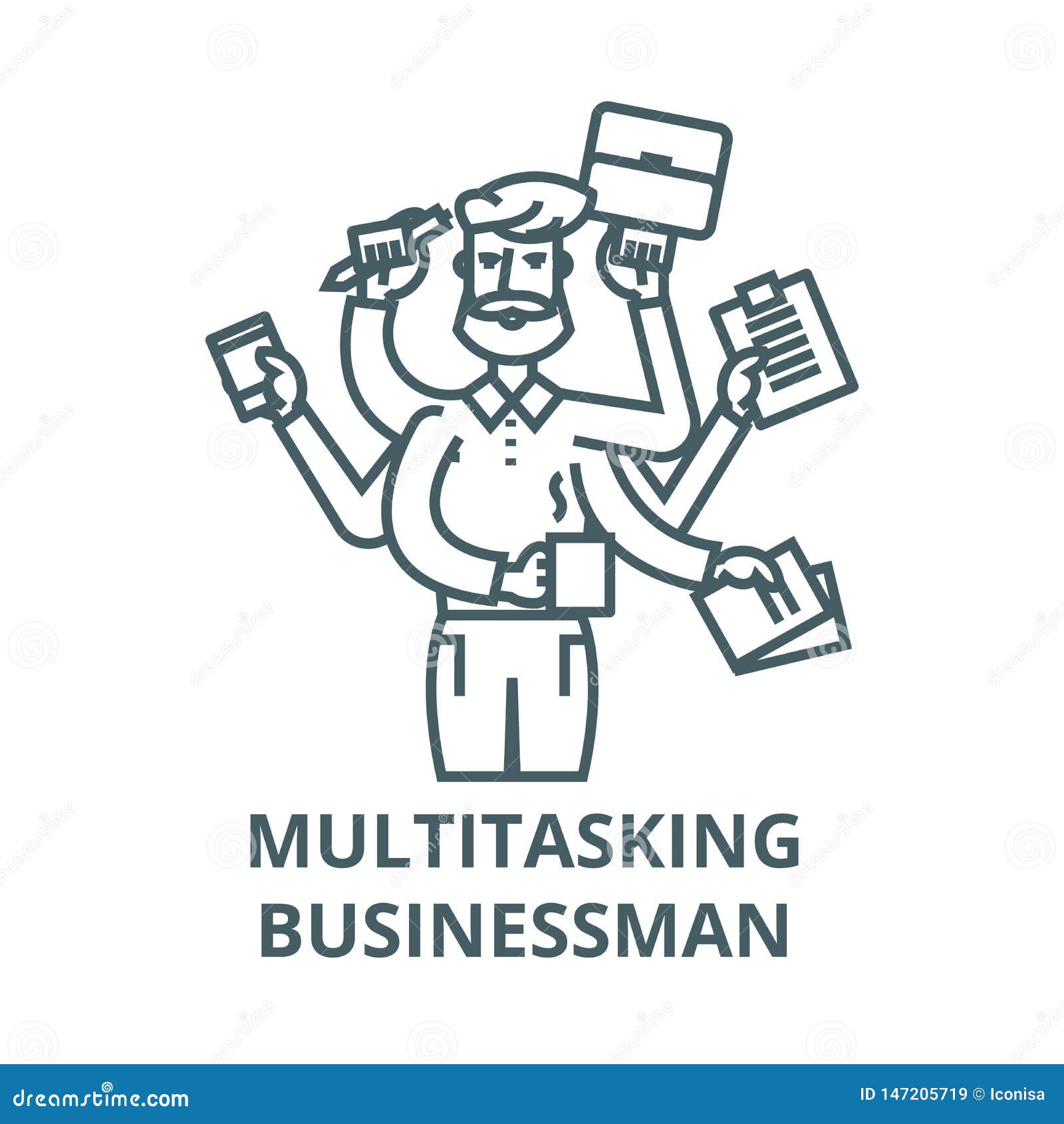 Multitasking Businessman with Case, Vector Line Icon, Linear Concept ...