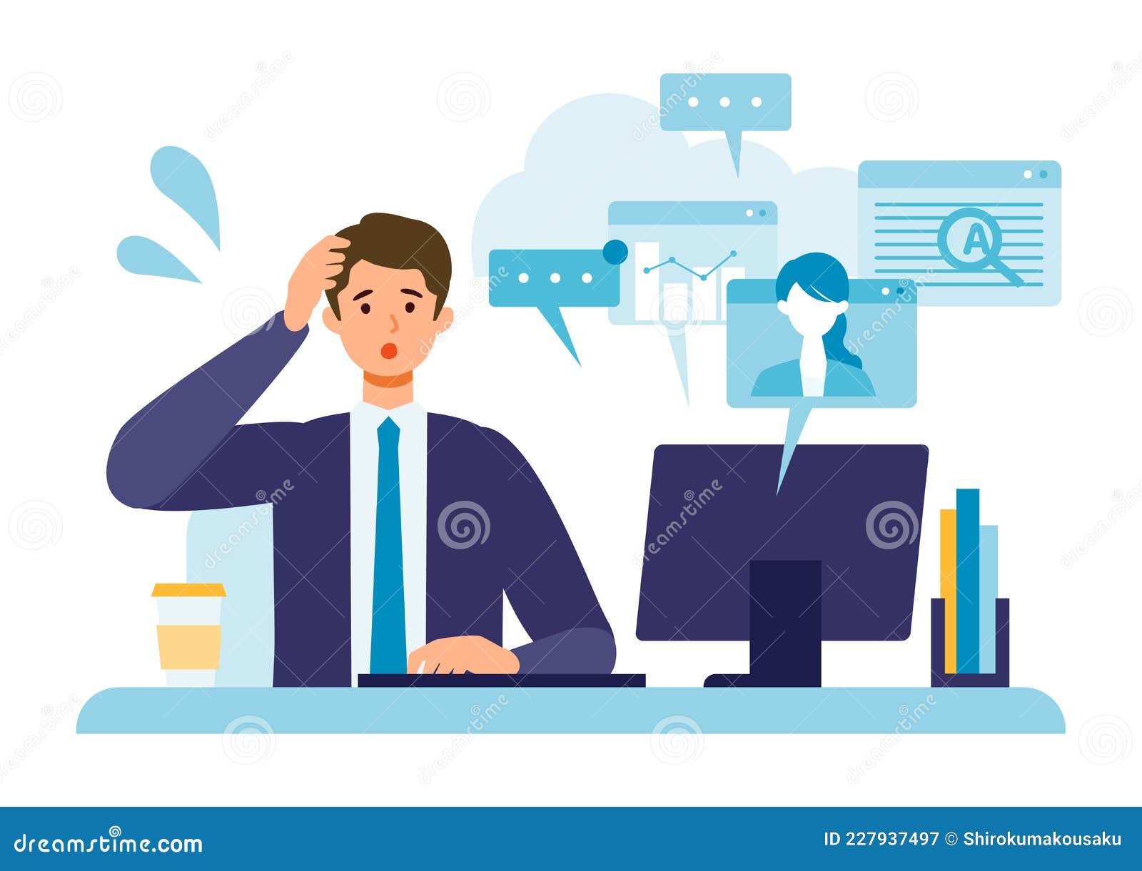 Multitasking Businessman Working on Computer Stock Vector ...