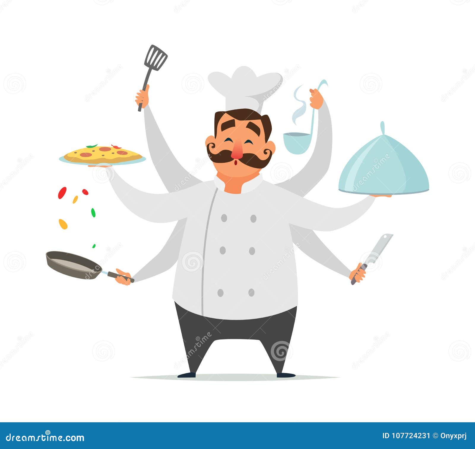 Multitasking Chef Cooking. Vector Funny Character Isolate on White ...
