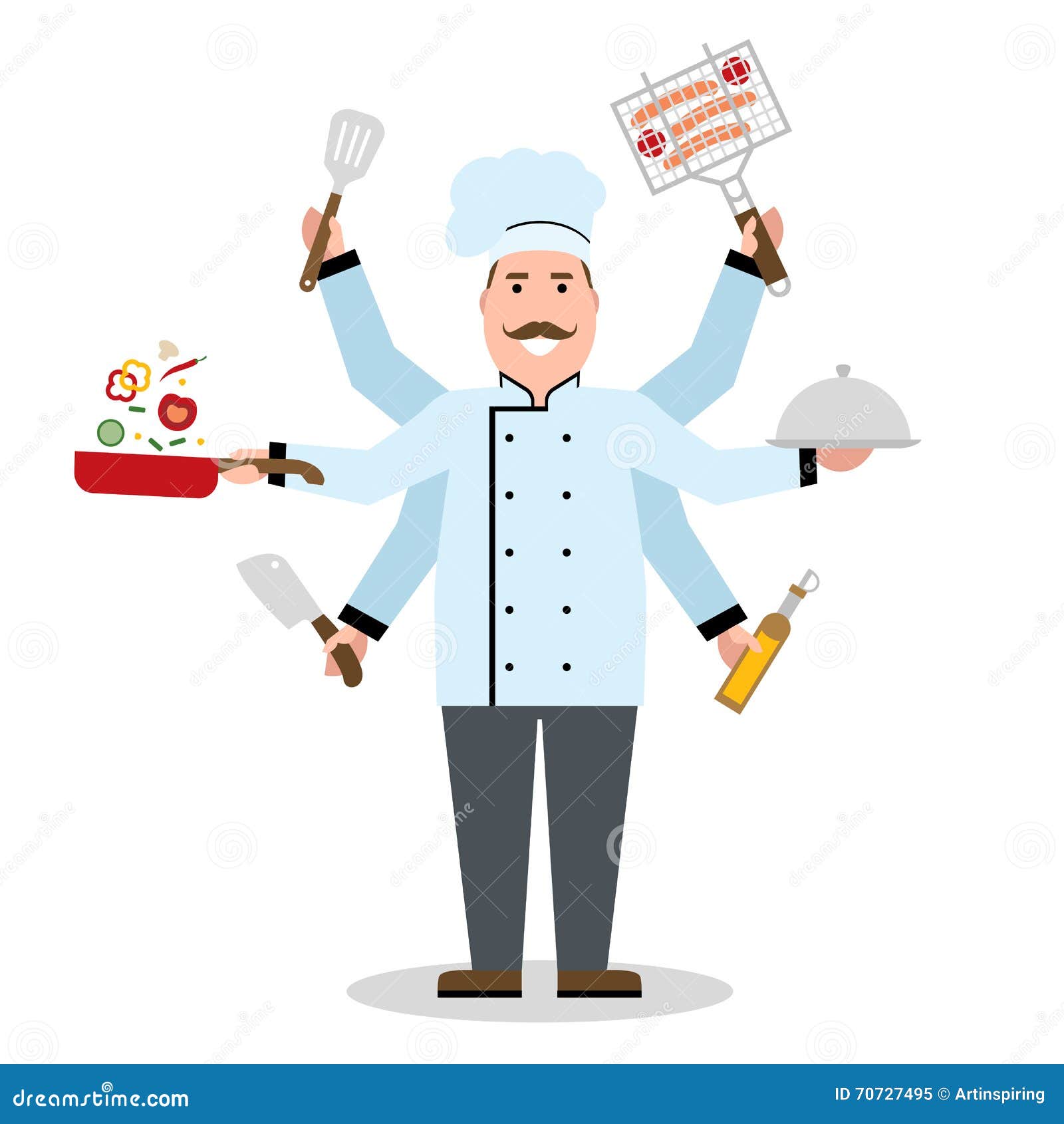 Multitasking Chef-kok Met Zes Handen Vector Illustratie - Illustration ...