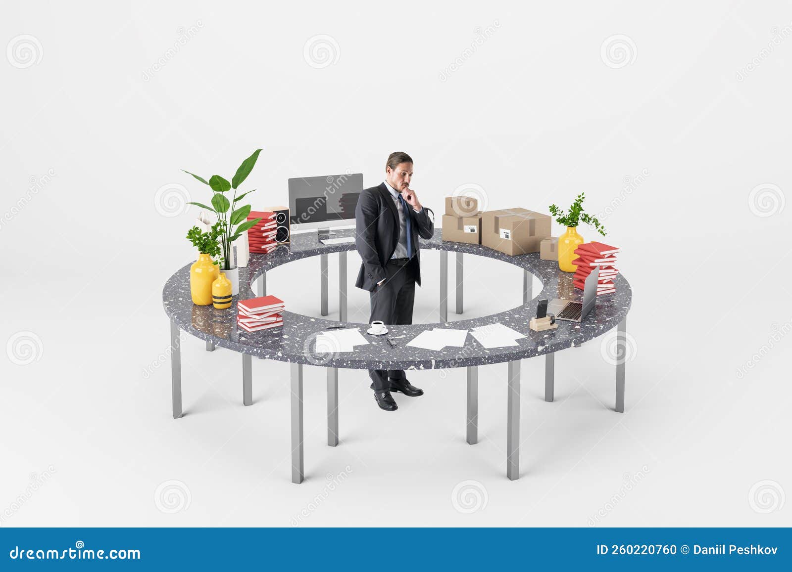 Multitasking Concept with Businessman and Work Desk with Accessories ...