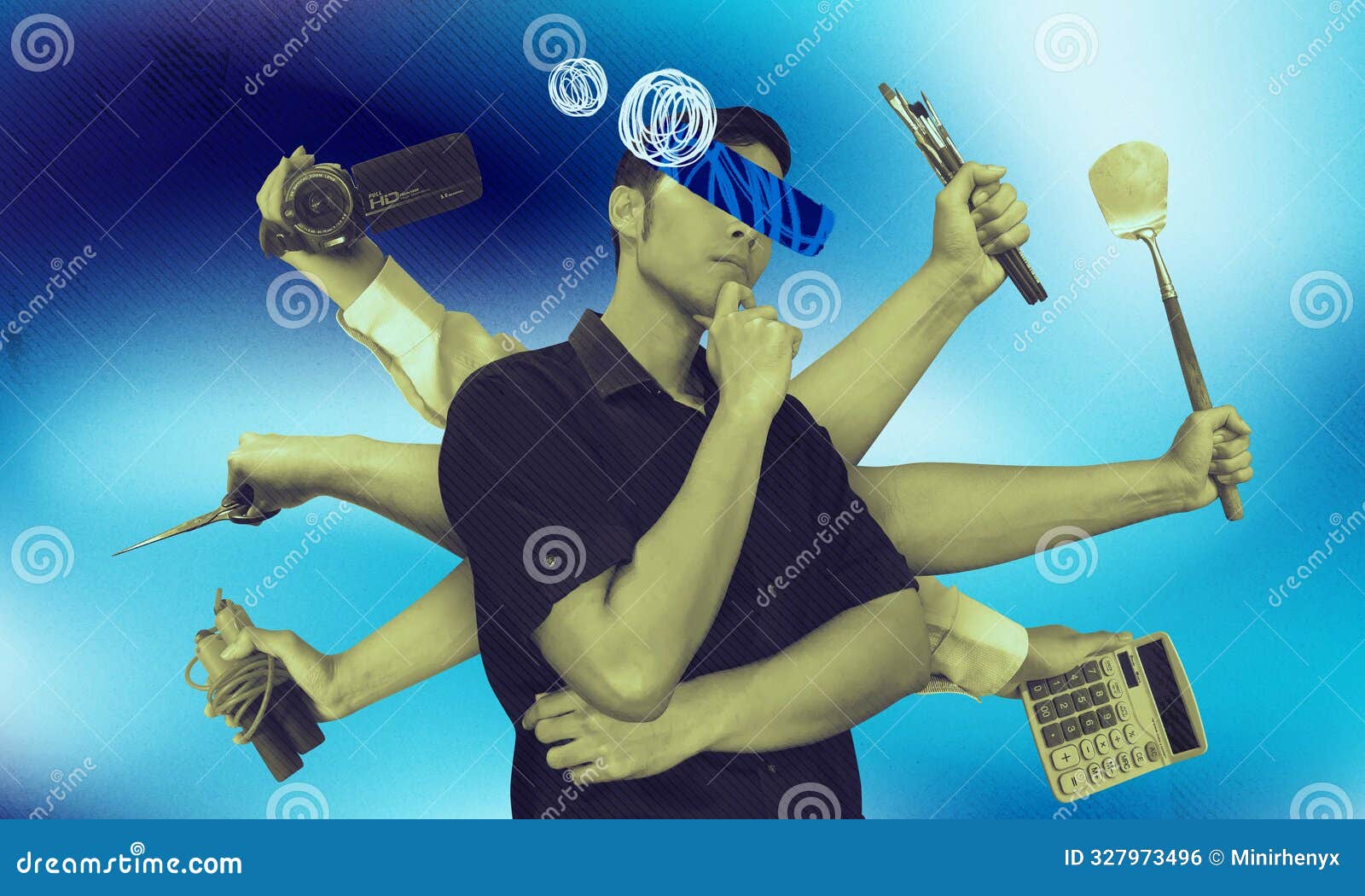 Multitasking Concept Collage Art on Blue Background Stock Photo - Image ...