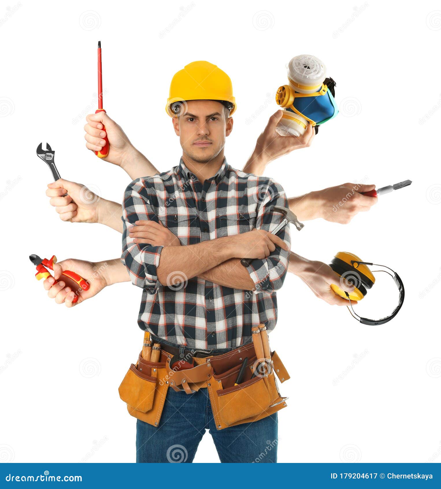 Multitasking Concept. Handyman with Different Tools on Background Stock ...
