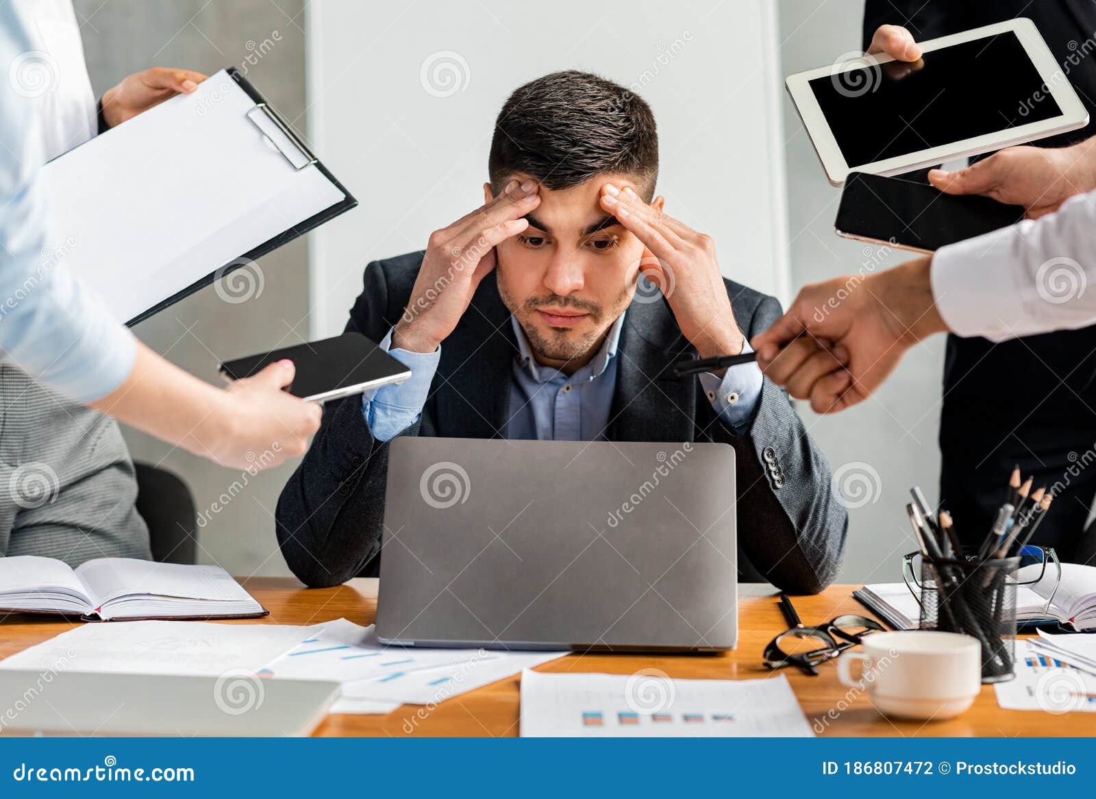 Overworked Businessman Sitting at Laptop Overloaded with Work in Office ...