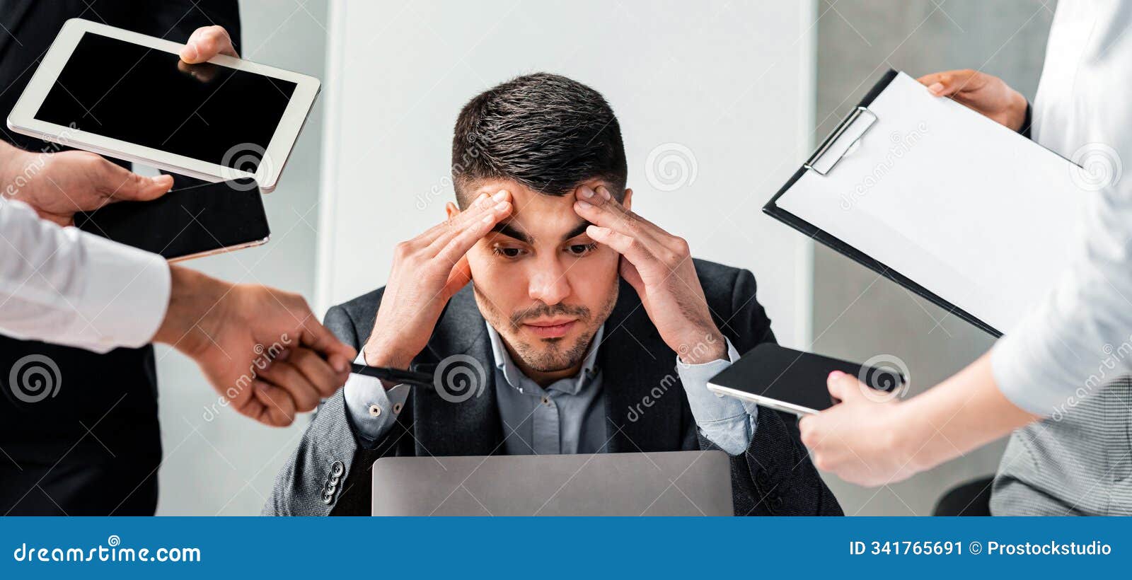 Overworked Businessman Sitting at Laptop Overloaded with Work in Office ...