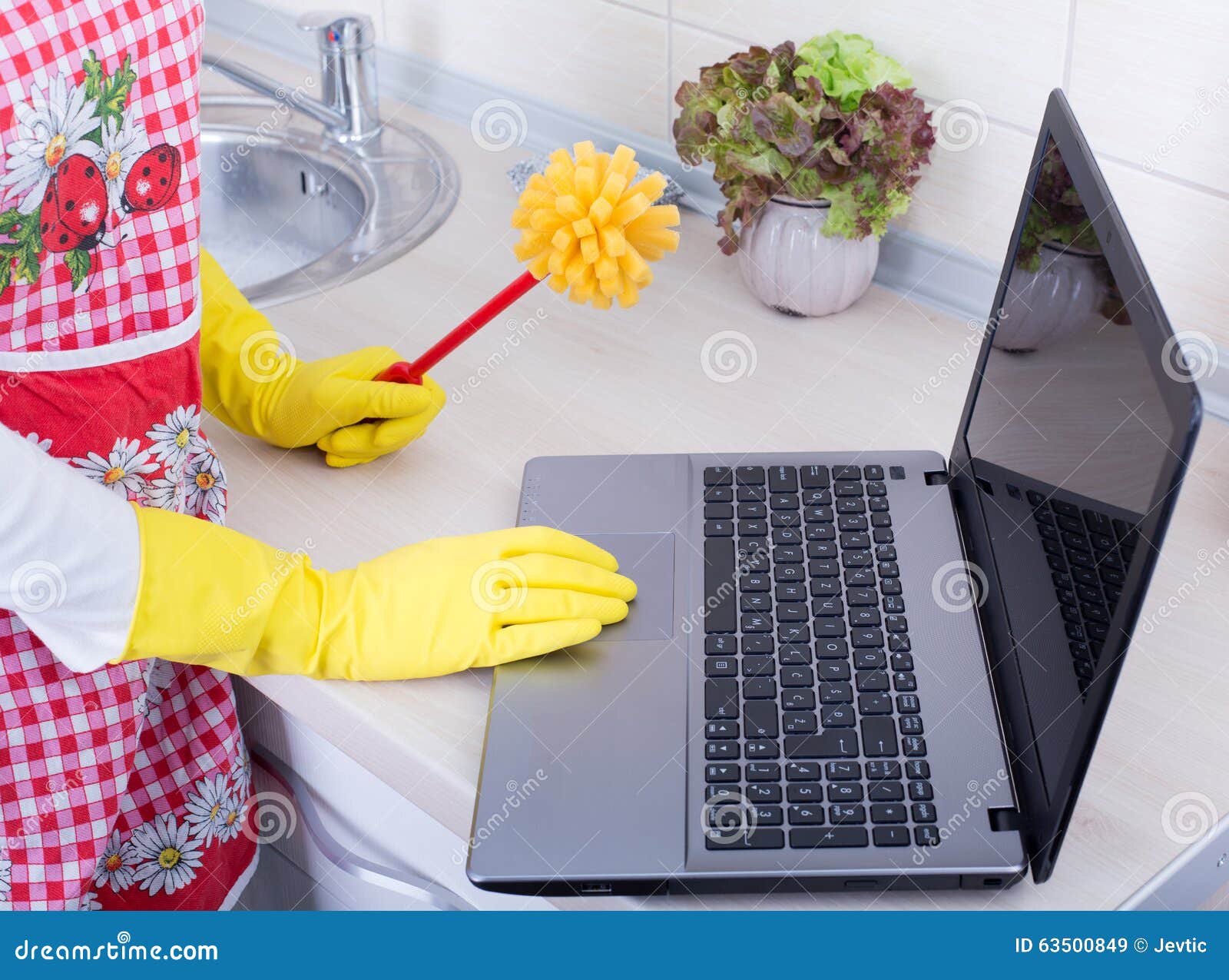 Multitasking Concept. Woman with Cleaning Brush and Laptop Stock Image ...