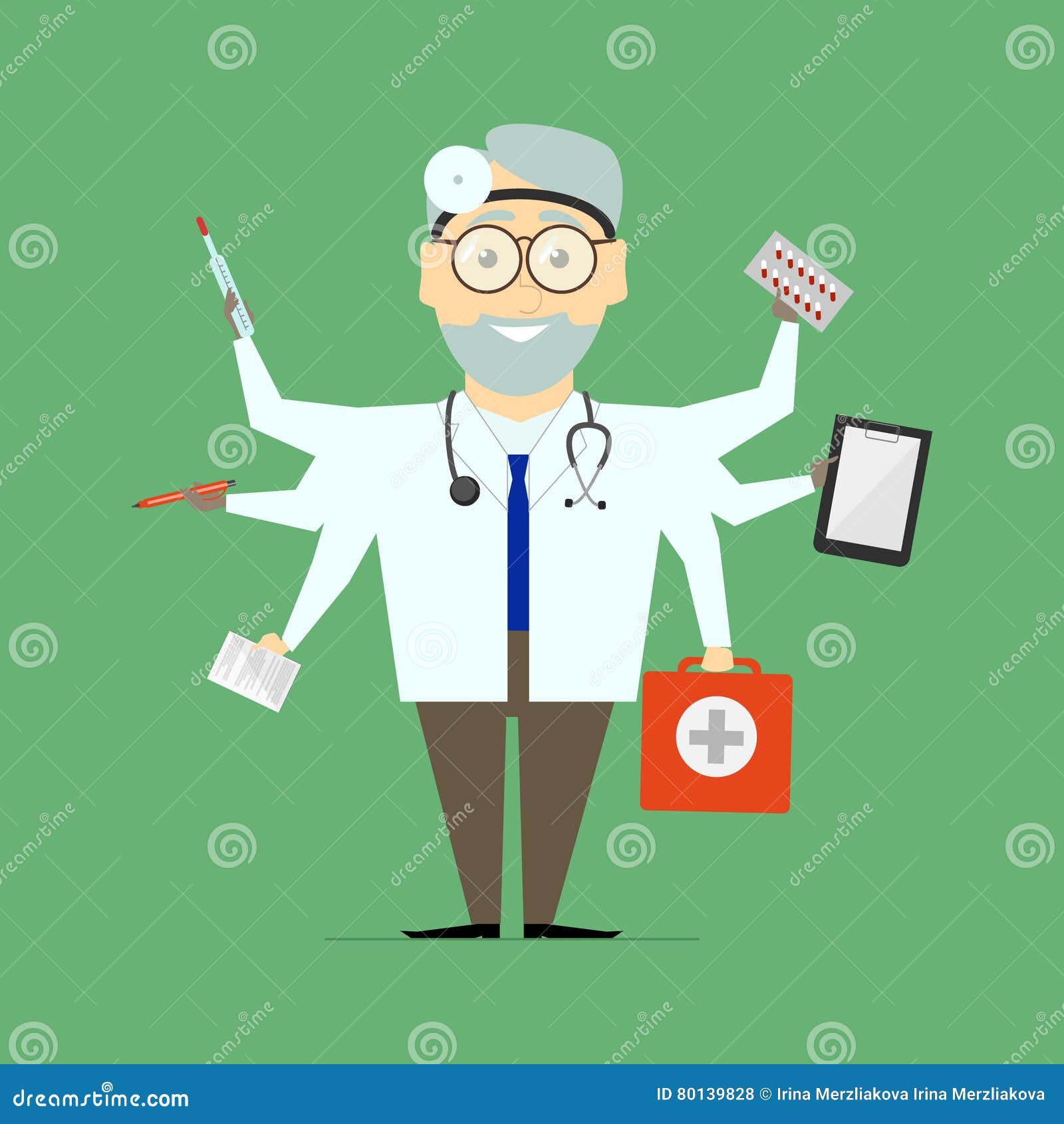 Multitasking Doctor Standing On White. Cartoon Vector | CartoonDealer ...