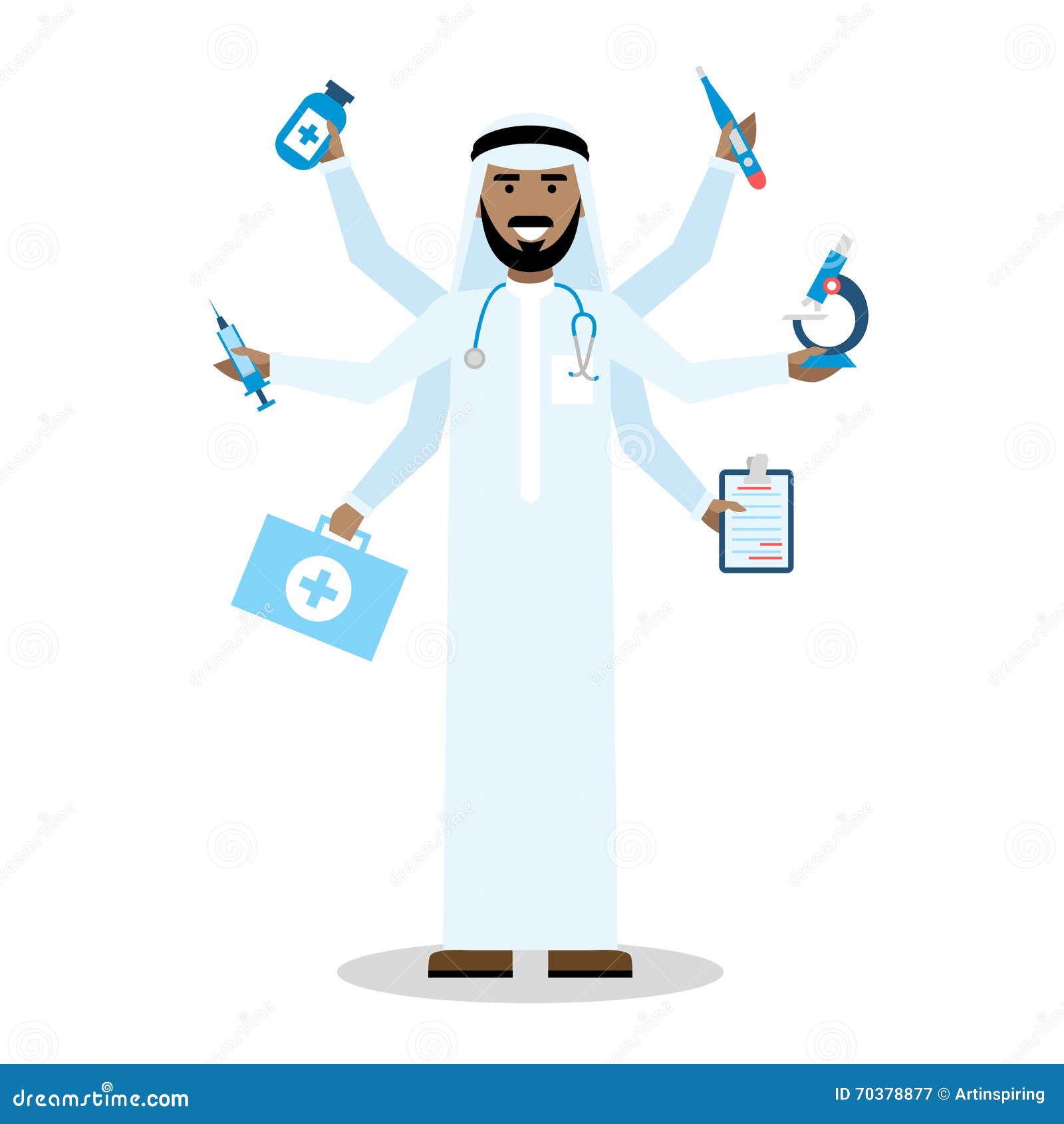Multitasking Doctor Standing on White. Stock Vector - Illustration of ...
