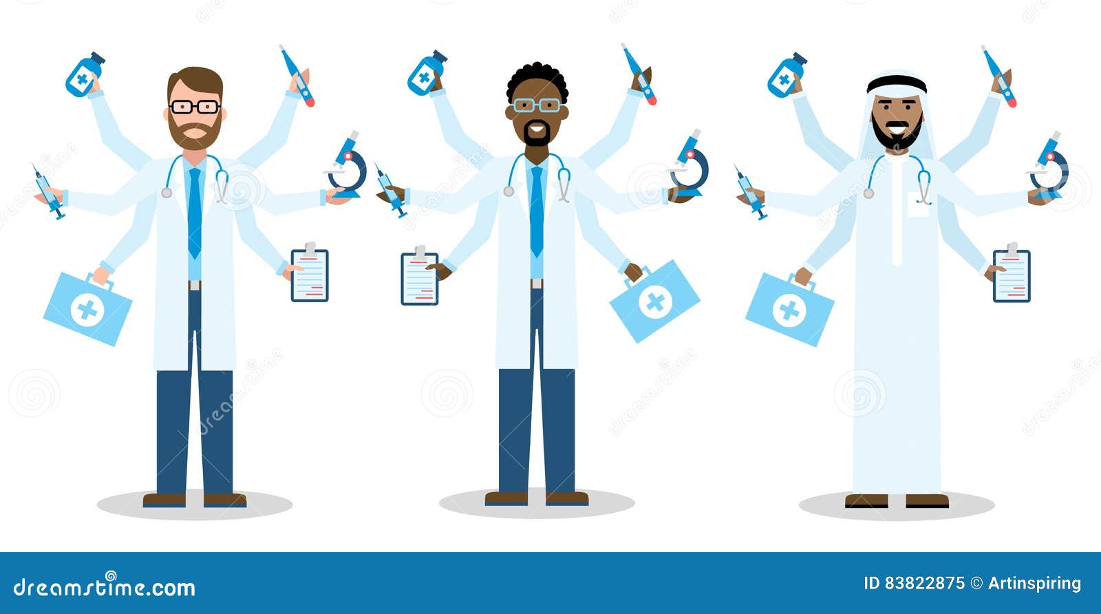 Multitasking Doctor Standing On White. Cartoon Vector | CartoonDealer ...
