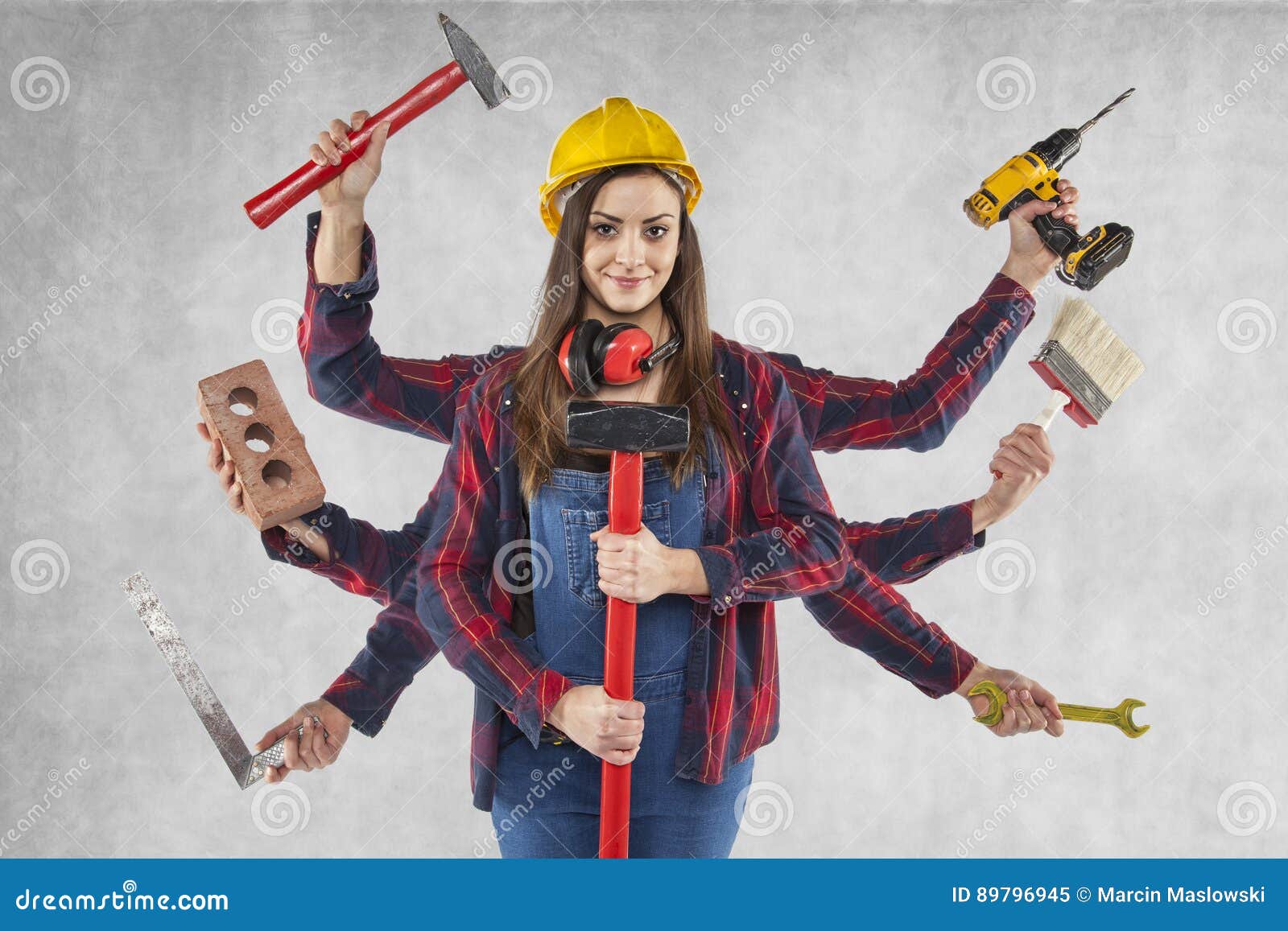 Multitasking Female Worker, Many Hands Stock Image - Image of hammer ...