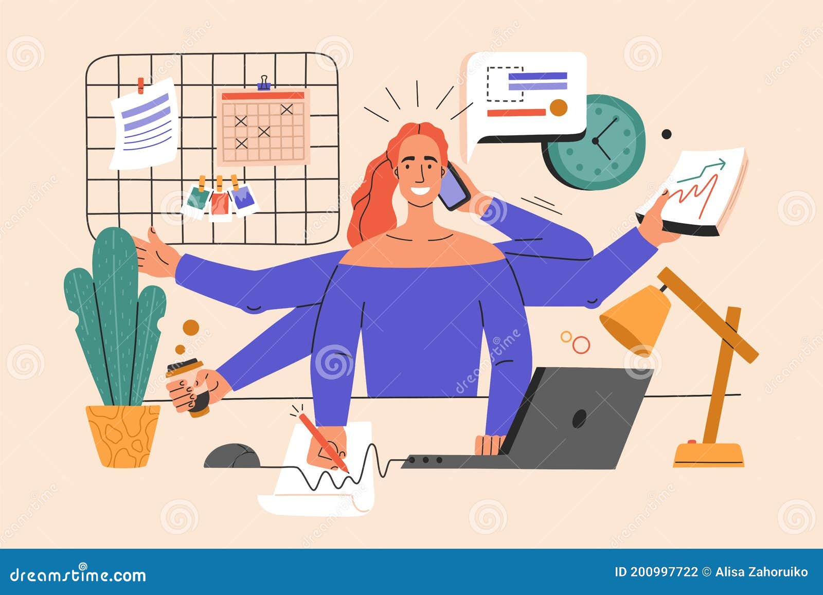 Multitasking Girl Performs Many Tasks at the Same Time Stock Vector ...