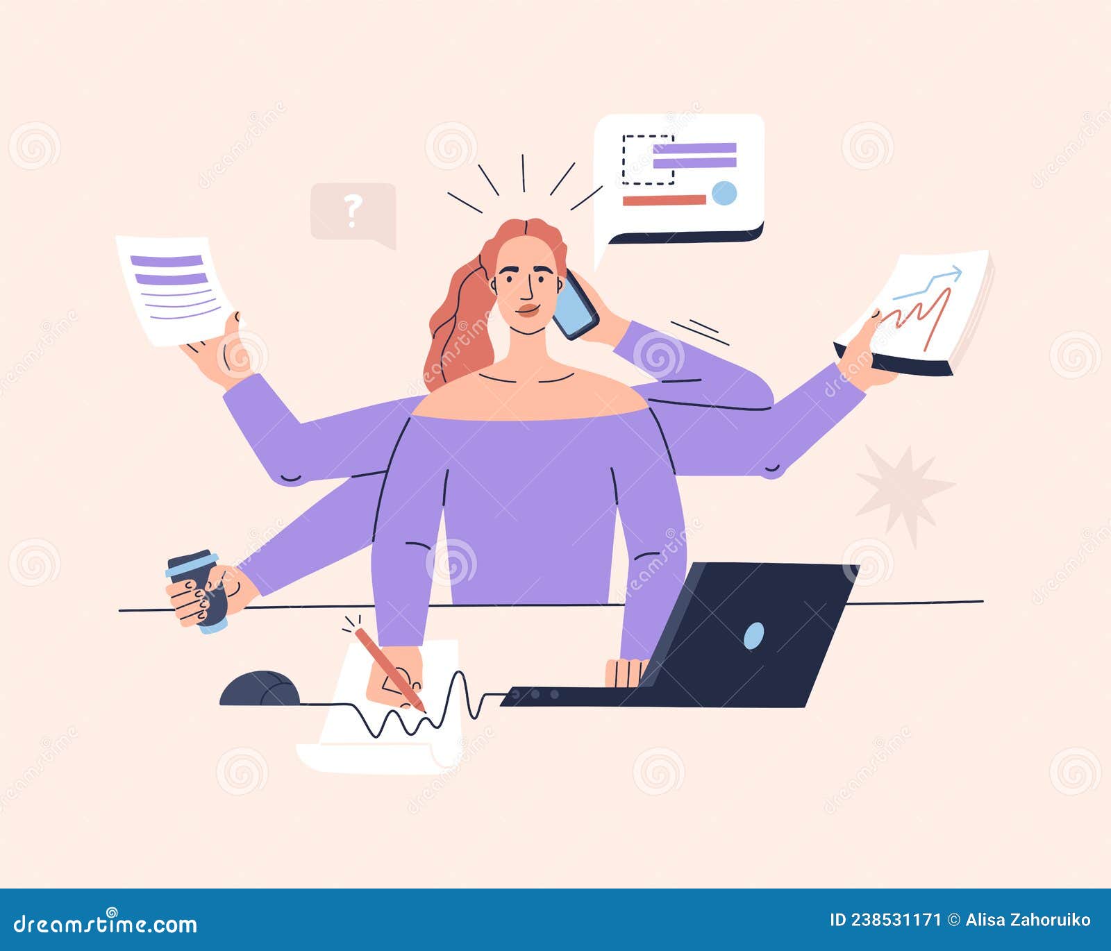 Multitasking Girl Performs Many Tasks at the Same Time. Workplace at ...