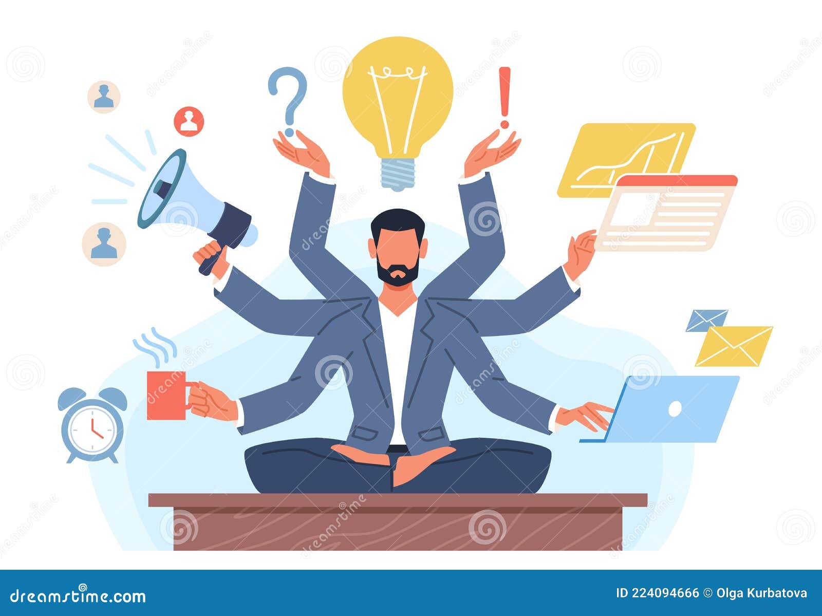 Multitasking Man. Businessman with Many Hands in Lotus Position Solves ...