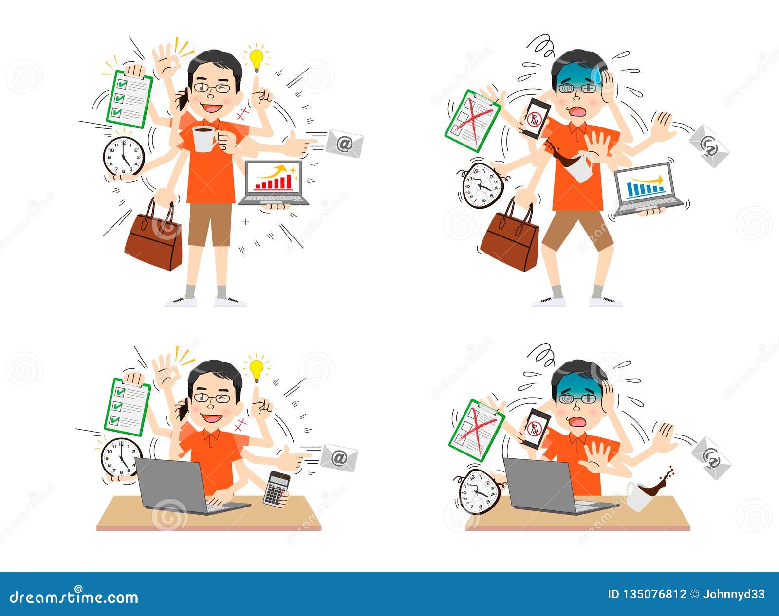 Multitasking man stock vector. Illustration of pressed - 135076812