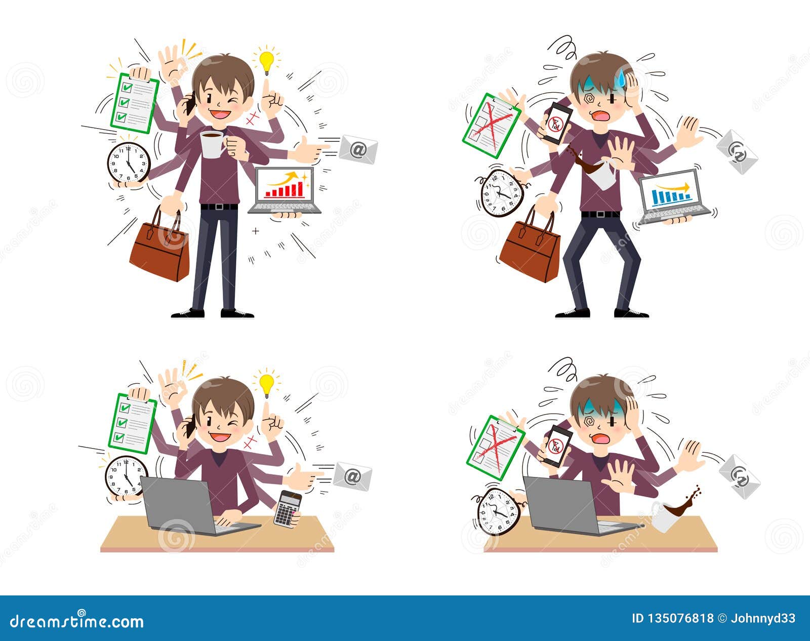 Multitasking man stock vector. Illustration of flat - 135076818