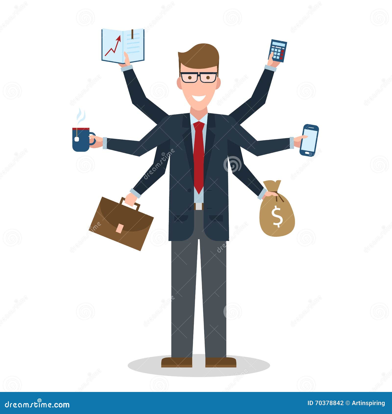 Multitasking Man Standing On White. Vector Illustration | CartoonDealer ...