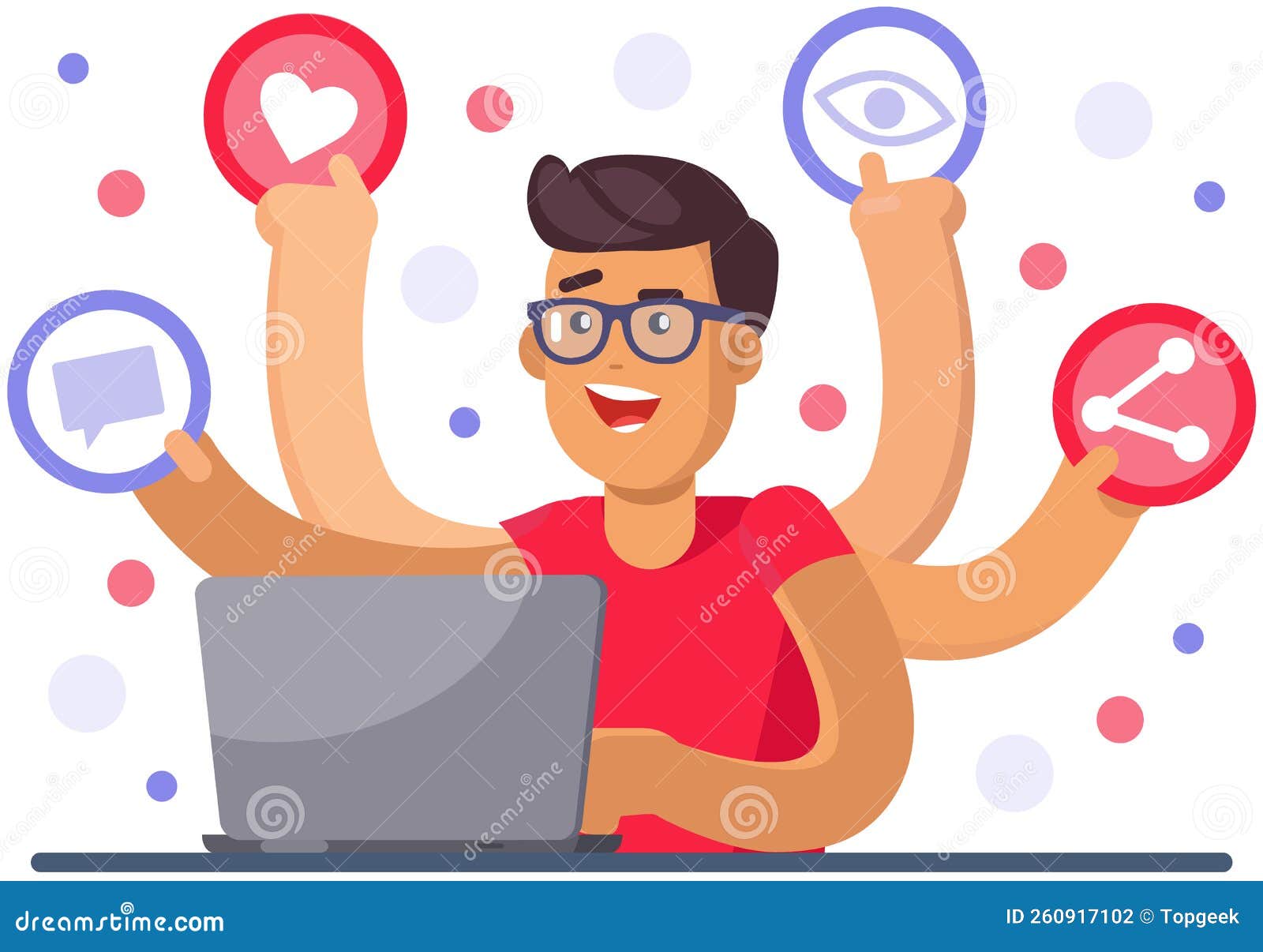 Multitasking Man Using Global Connection System. Guy with Many Hands ...