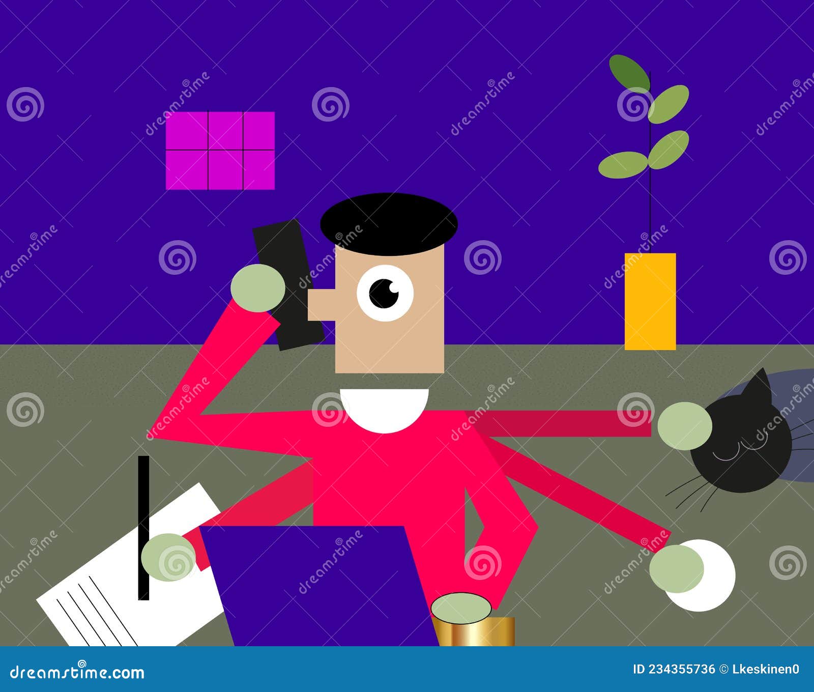 Illustration Multitasking Man Working on Computer Stock Vector ...