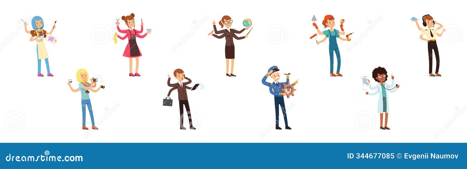 Multitasking People Character of Different Profession Vector Set Stock ...