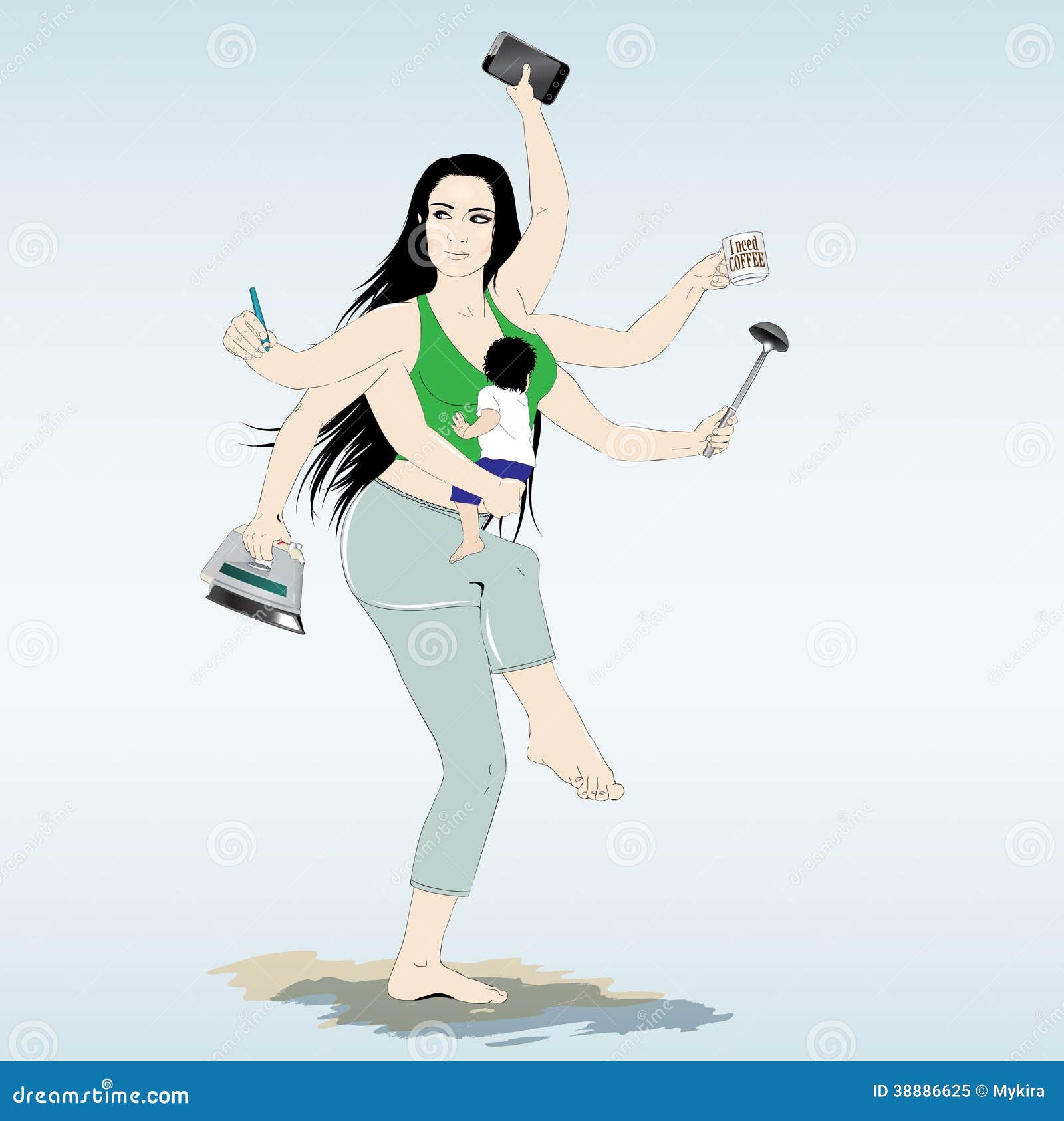 Multitasking Super Mother with Six Arms. Stock Vector - Illustration of ...
