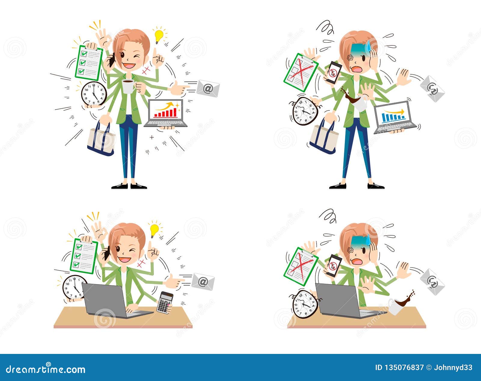 Multitasking vrouw vector illustratie. Illustration of post - 135076837