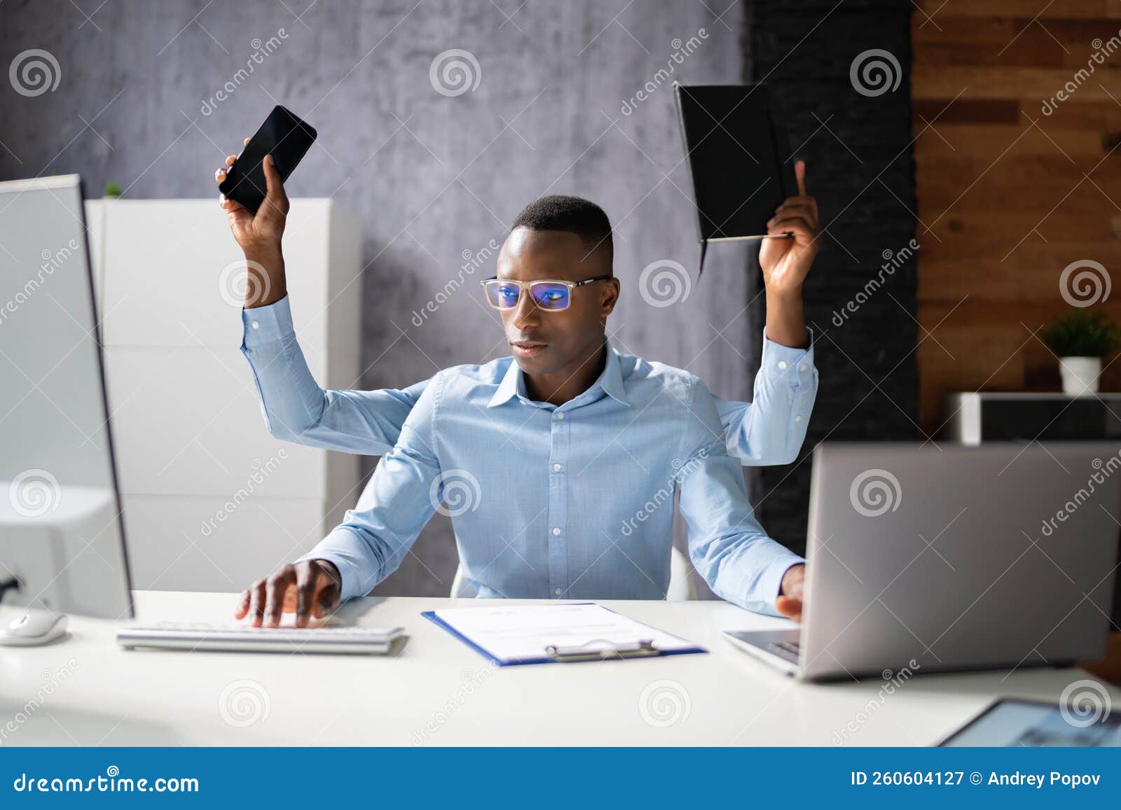 Multitasking Workload of Happy Busy Man Worker Stock Image - Image of ...