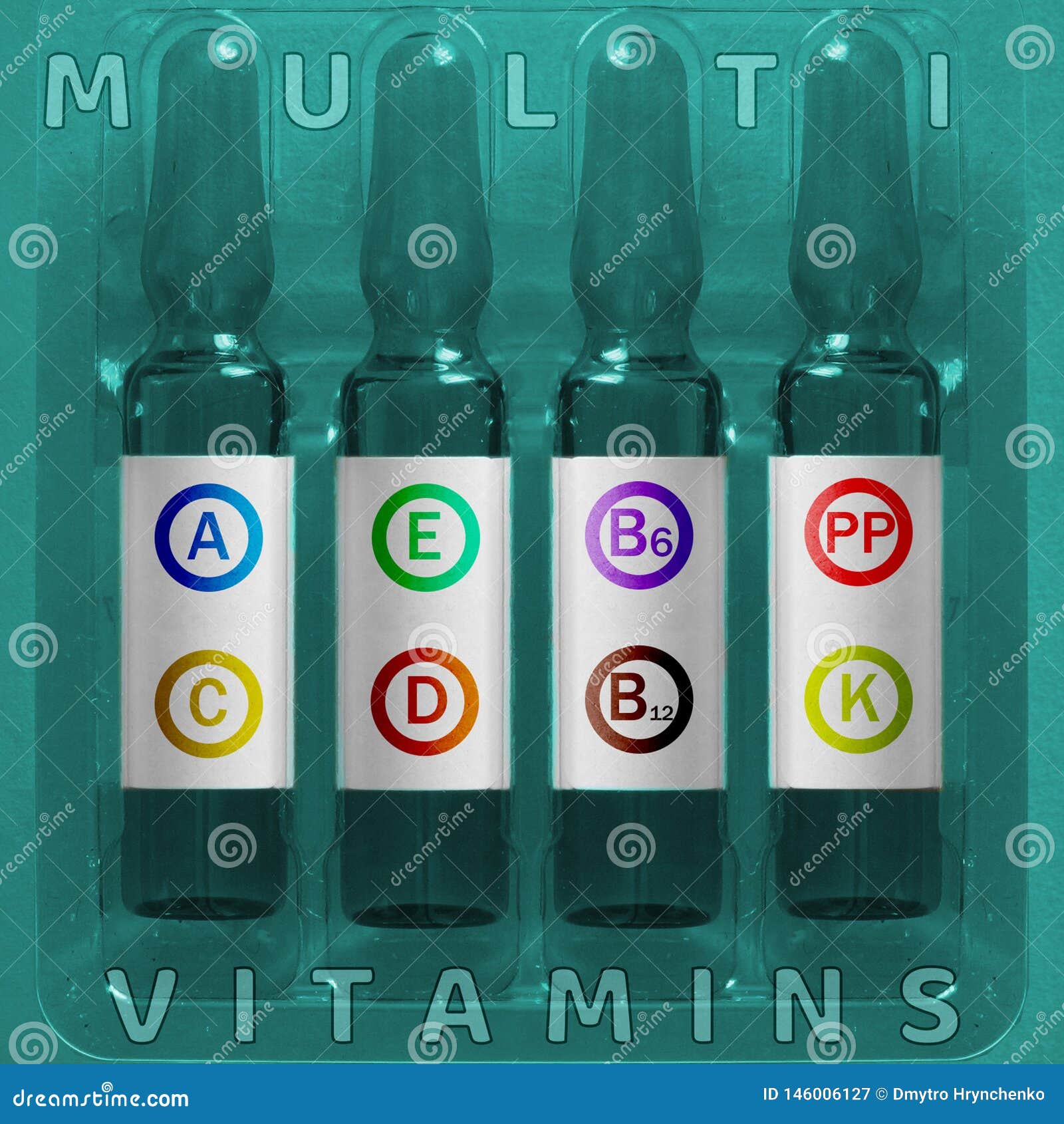 Multivitamins Using Concept. Four Ampules with Overlay Colored Letters ...