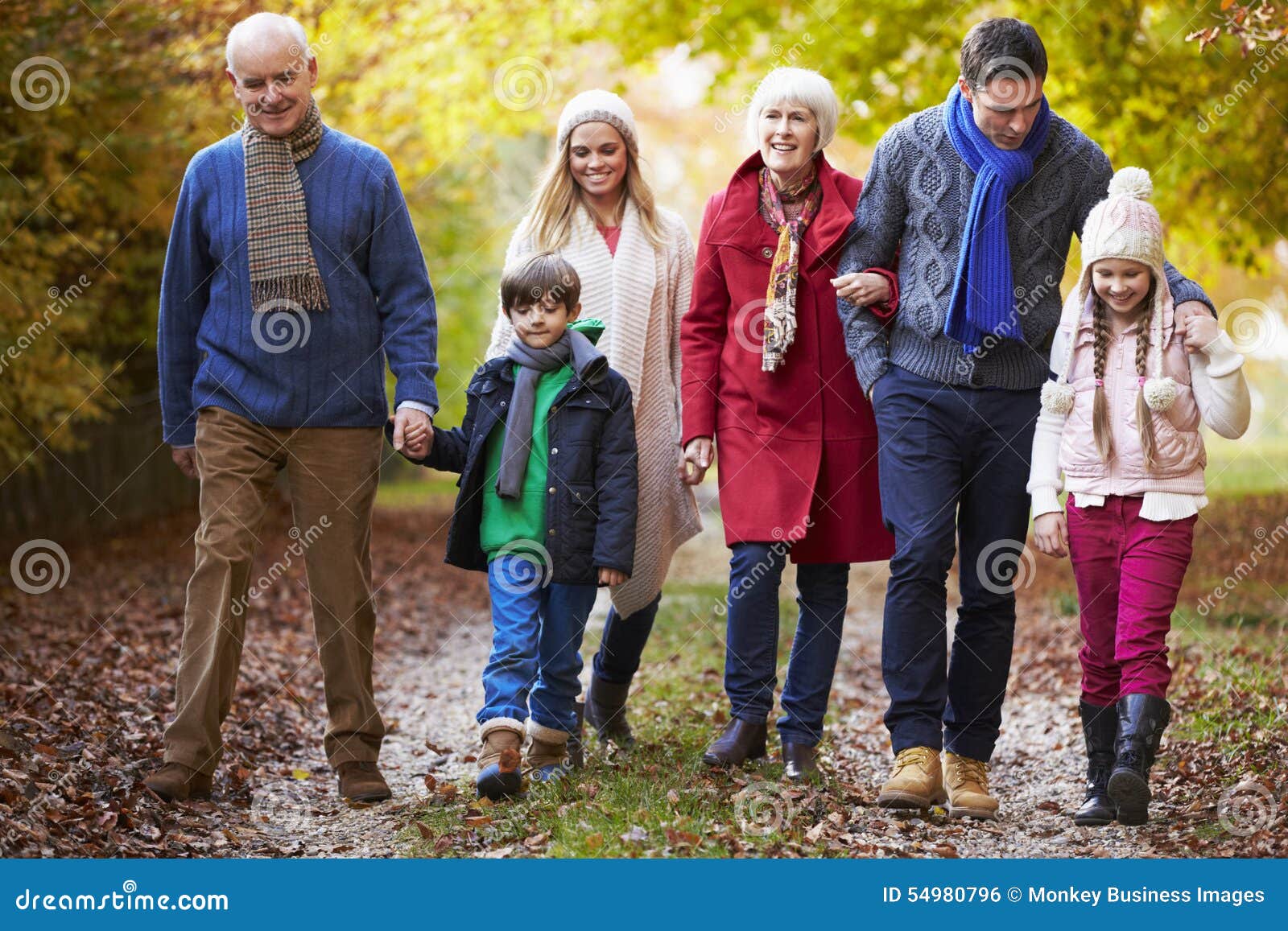 Multl Generation Family Walking Along Autumn Path Stock Photo - Image ...