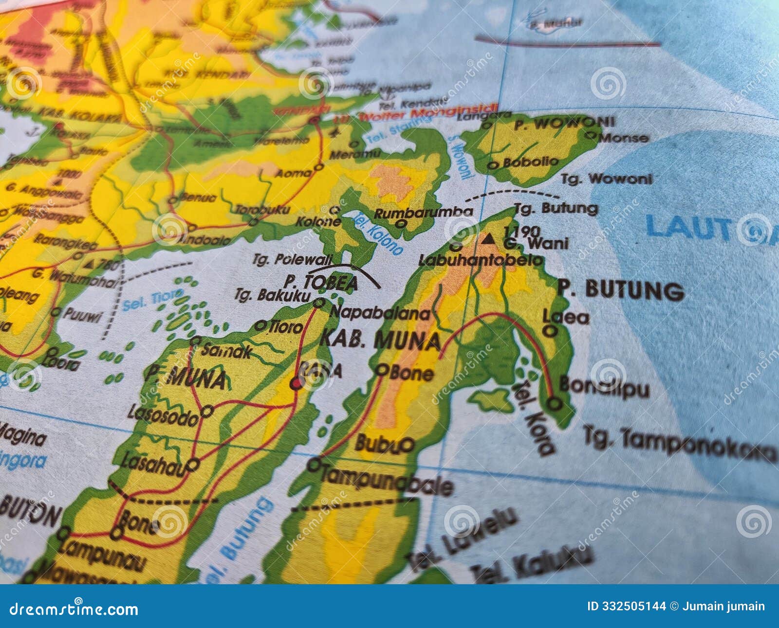 Muna Regency Map and Major Cities Around it on Physical Map Stock Photo ...