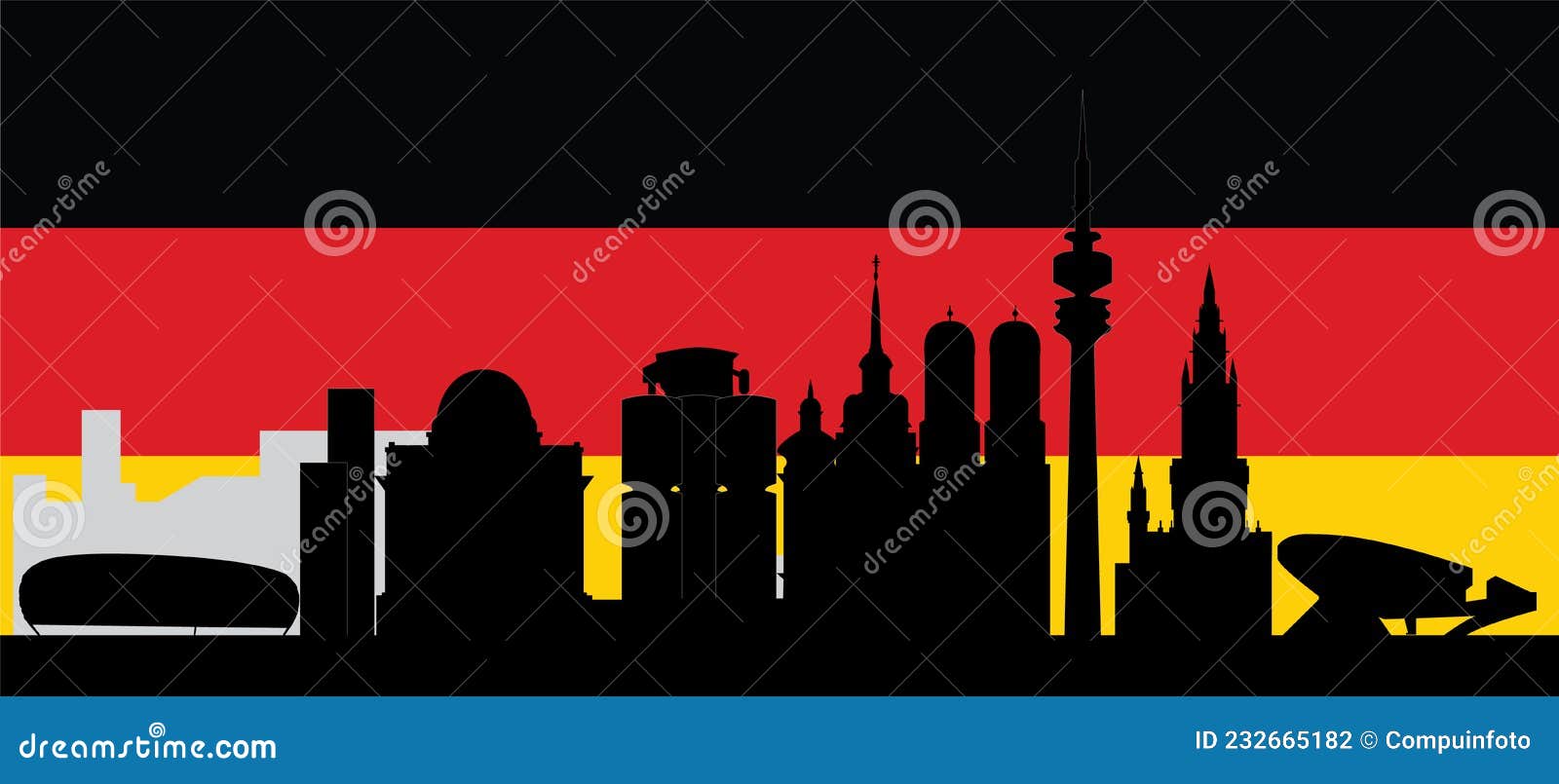 Munchen City Skyline Illustration Black with Flag Stock Vector ...