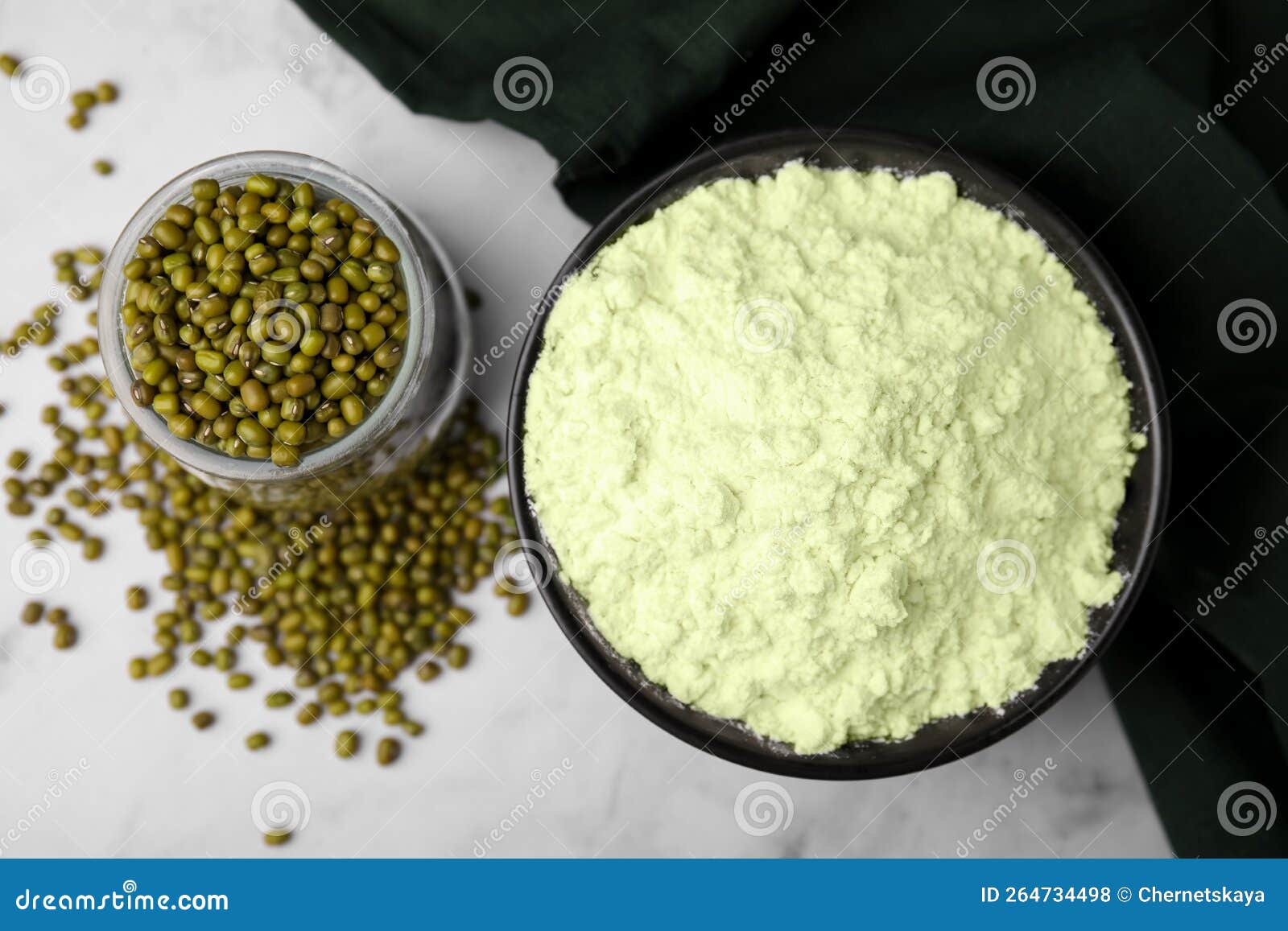 Mung Bean Flour in Bowl and Seeds on White Marble Table, Flat Lay Stock ...