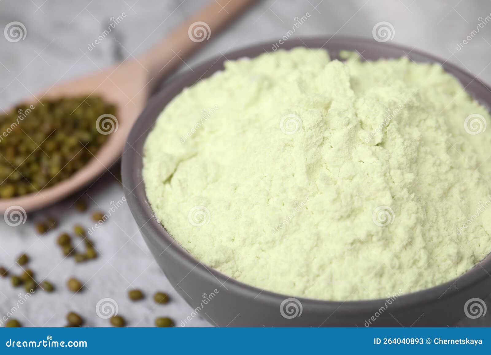 Mung Bean Flour in Bowl and Seeds on White Textured Table, Closeup ...
