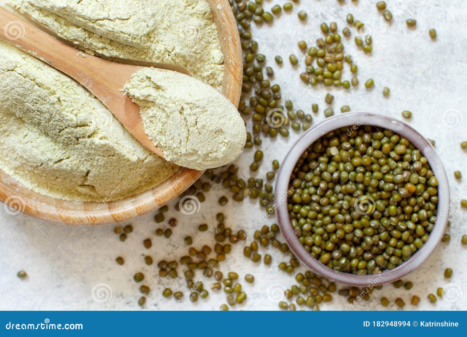 Mung Beans Flour and Grain in Bowls with a Spoon Stock Photo - Image of ...