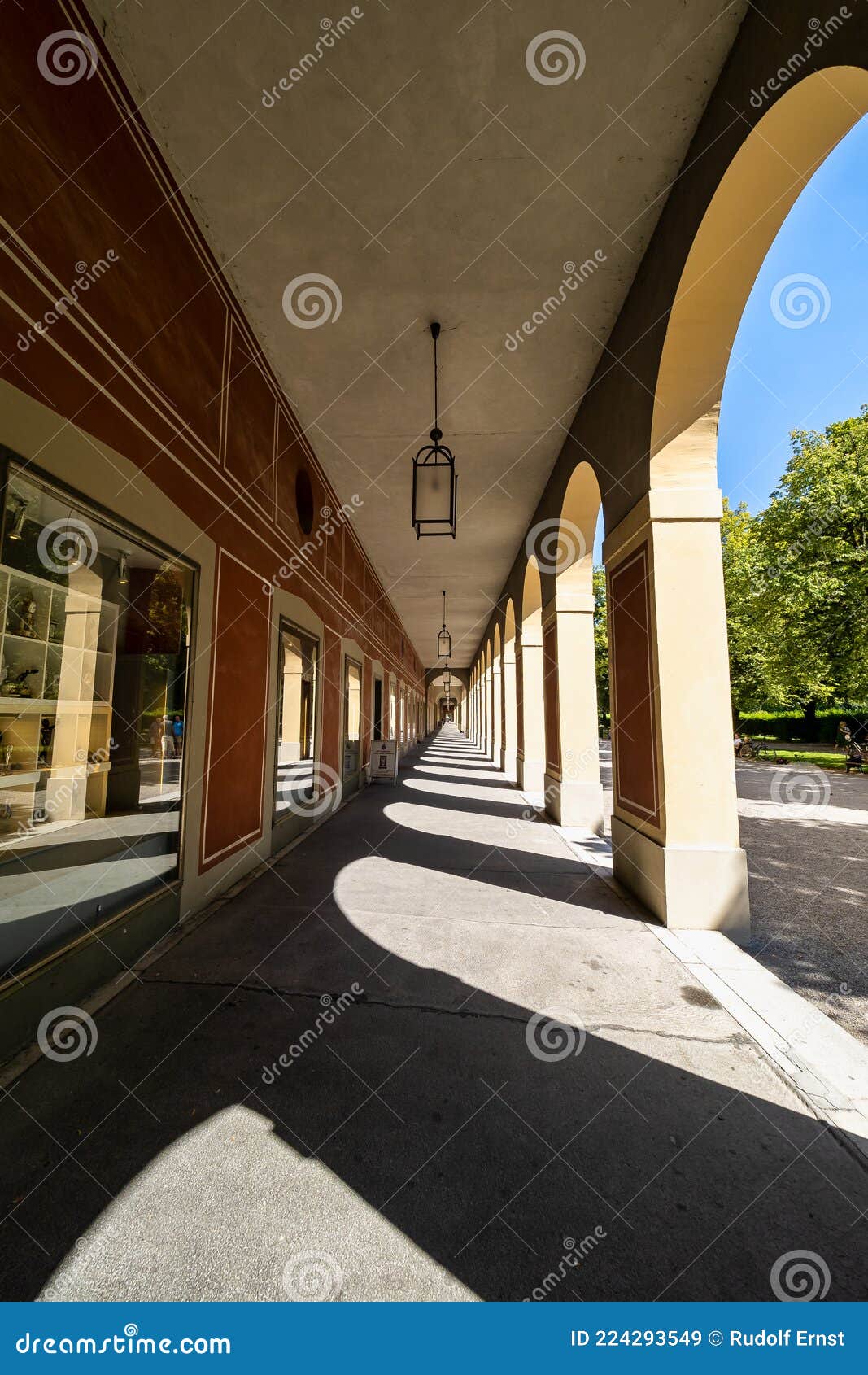 Munich, Germany - Jul 27, 2020: Promenade with Long Arcade Columns ... Munich, Germany - Jul 27, 2020: Promenade with Long Arcade Columns ...