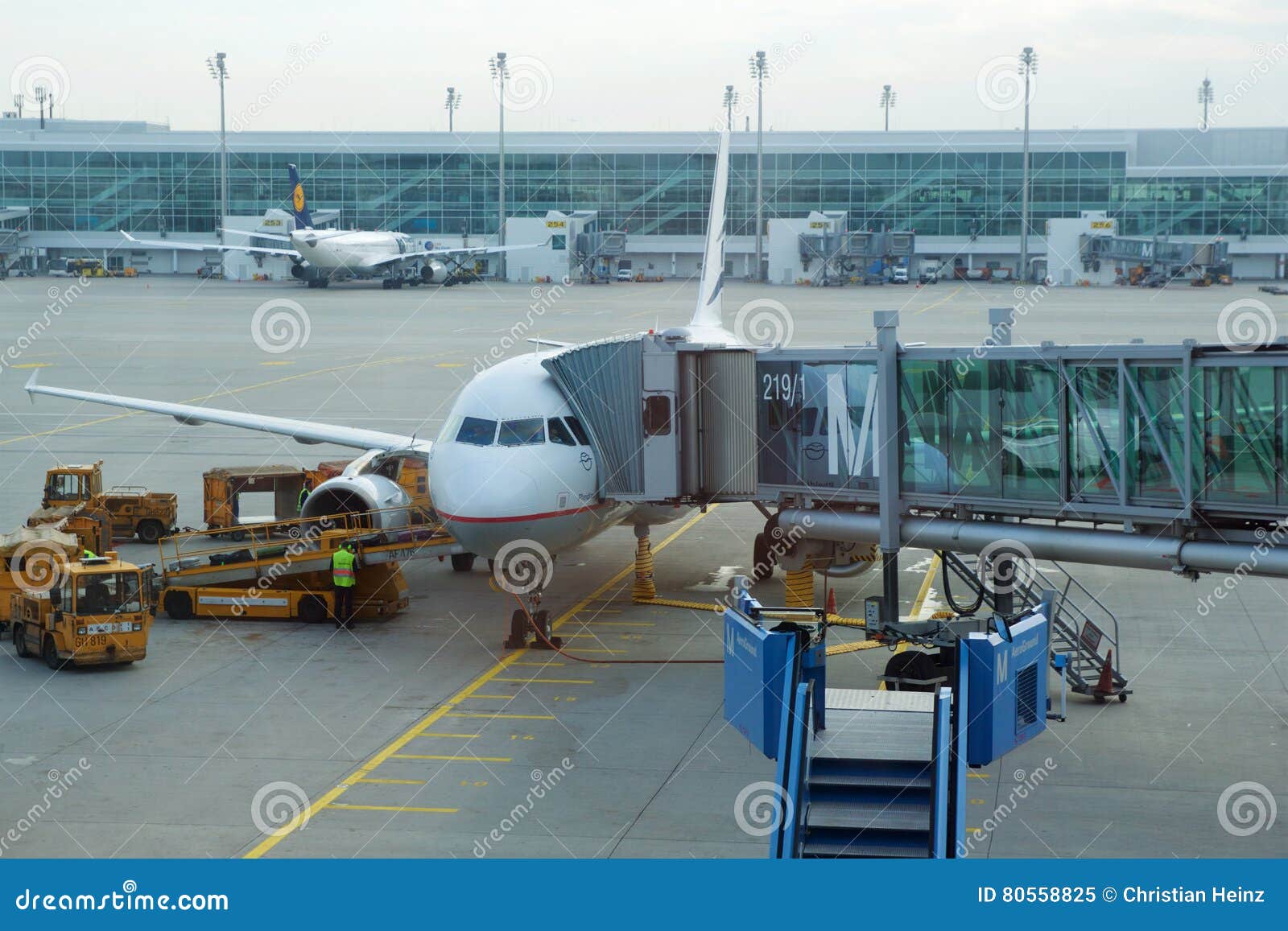 MUNICH, GERMANY - OCTOBER 15, 2016: an Airplane at the Gate of Airport ...