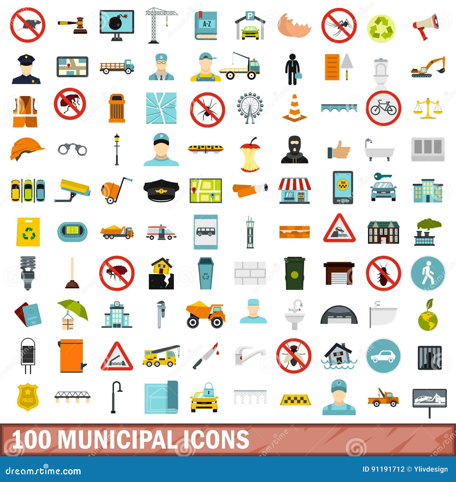 100 Municipal Icons Set, Flat Style Stock Vector - Illustration of bike ...