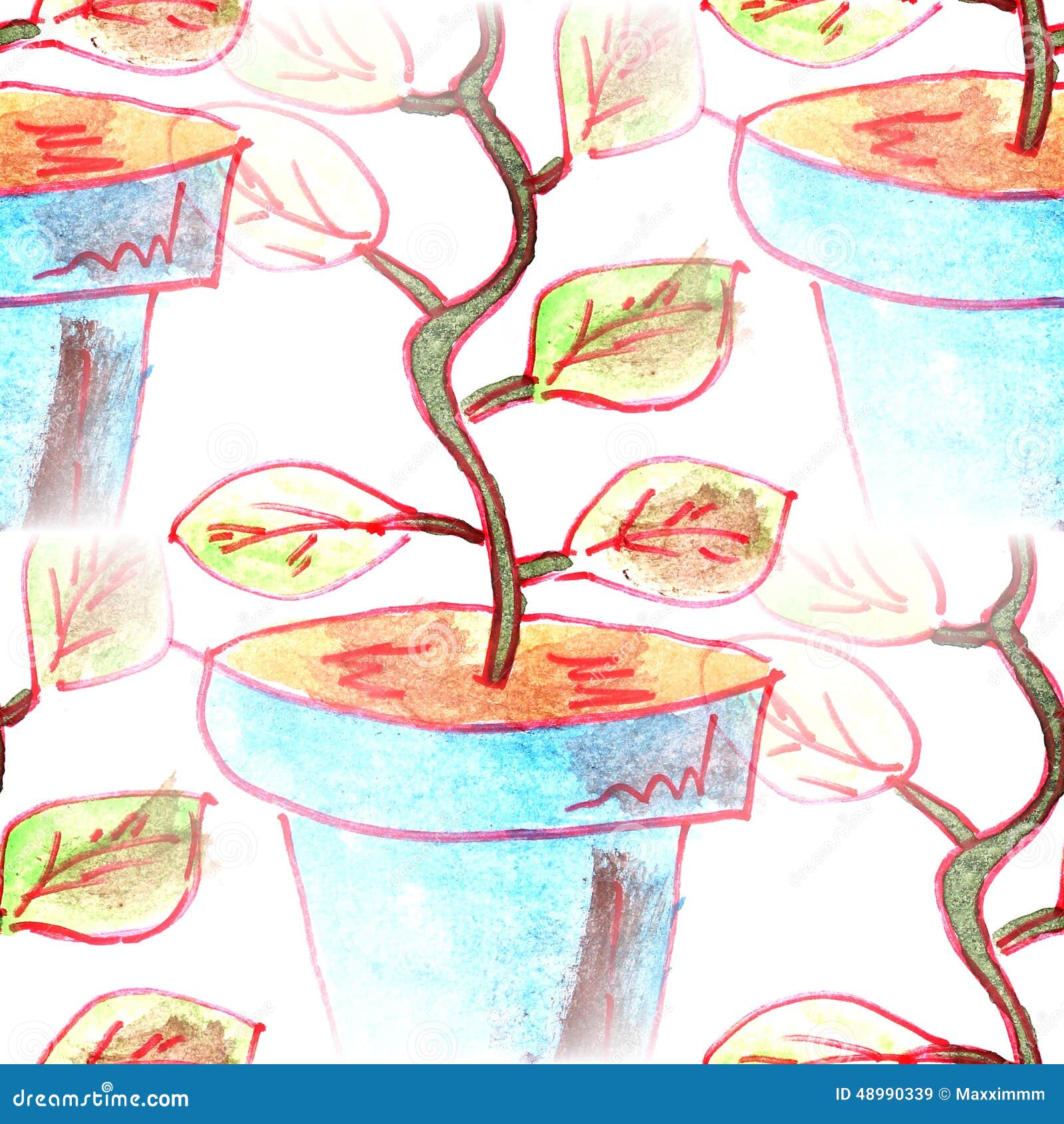 Mural Background Seamless Pattern Tree, Pot Stock Illustration ...