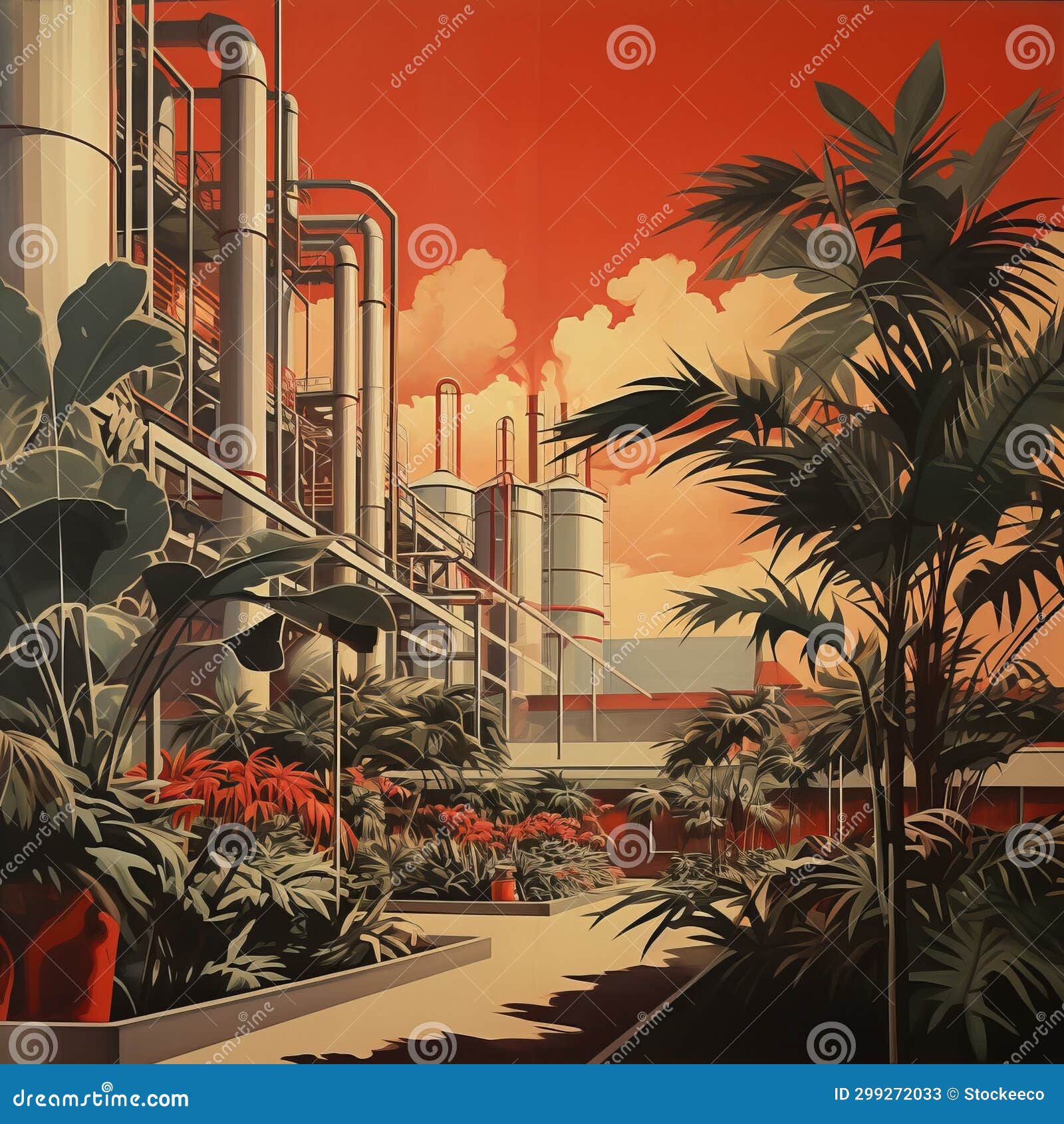 Tropical Trees and Oil Refinery Poster Stock Illustration ...