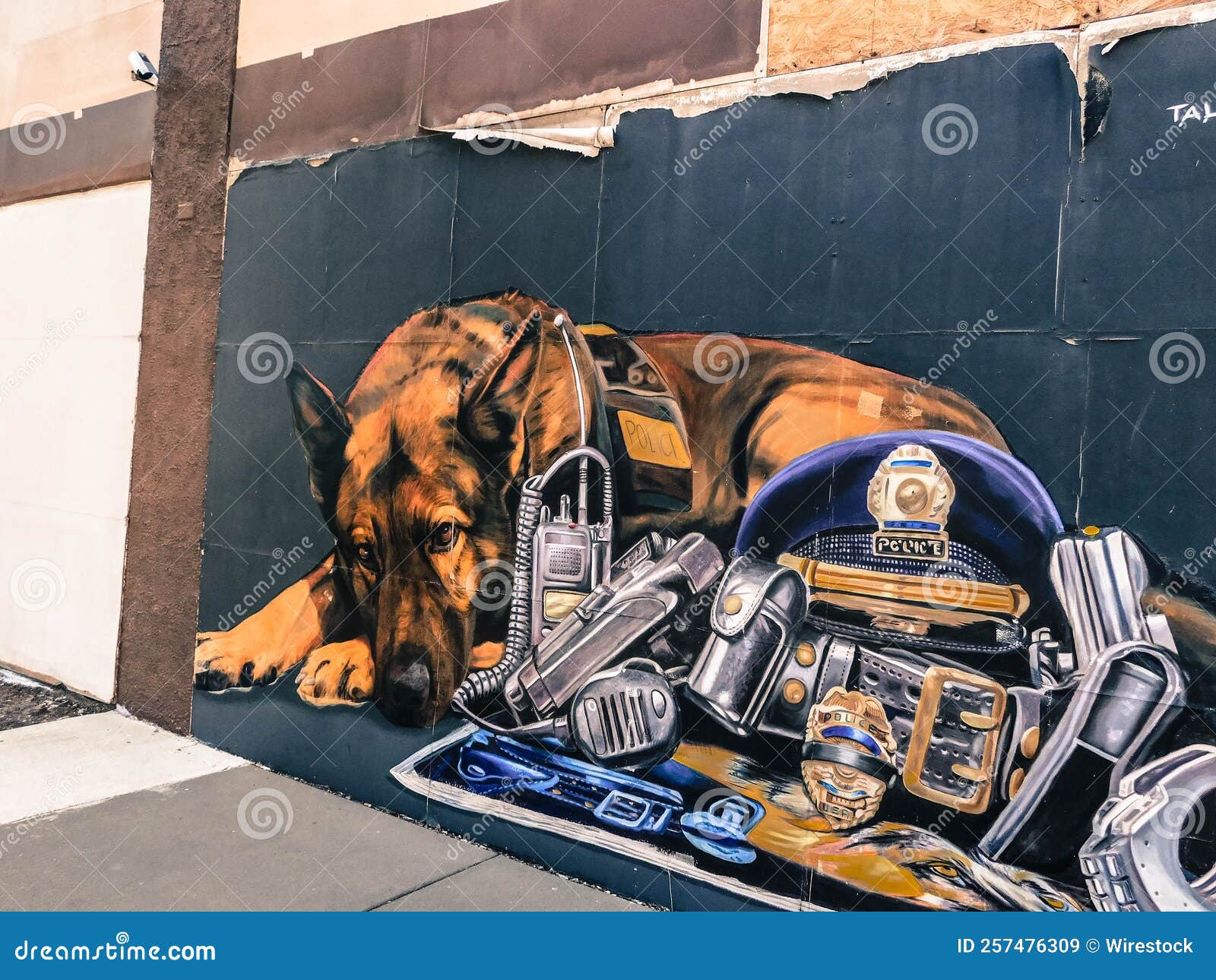 Mural of a Sad Service Police German Shepherd Lying by the Objects of ...