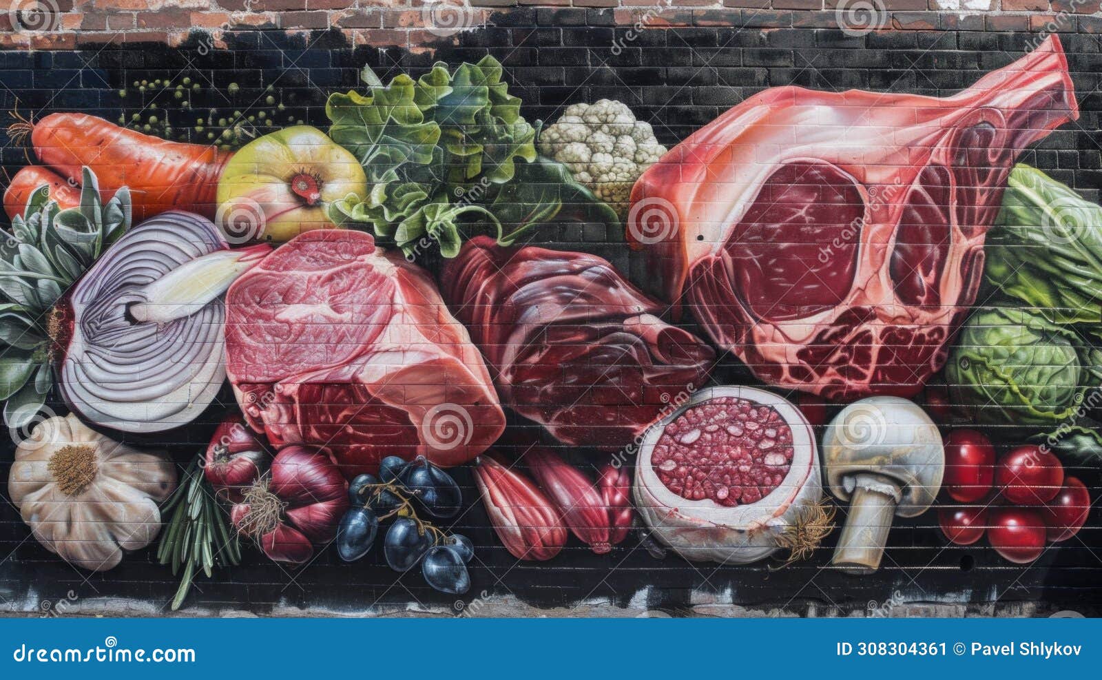 Mural Various Meats. Wall Paint for Cafe and Restaurant Stock Image ...