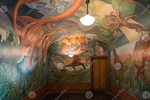 Murals of a Fantasy World, with Dragons and Magic Stock Illustration ...