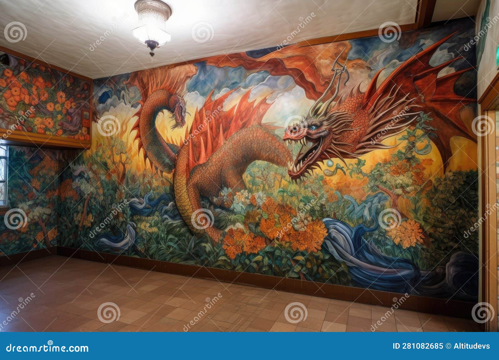 Murals of a Fantasy World, with Dragons and Magic Stock Illustration ...