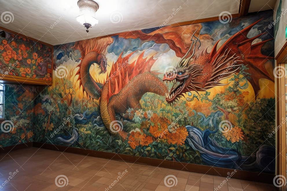 Murals of a Fantasy World, with Dragons and Magic Stock Illustration ...