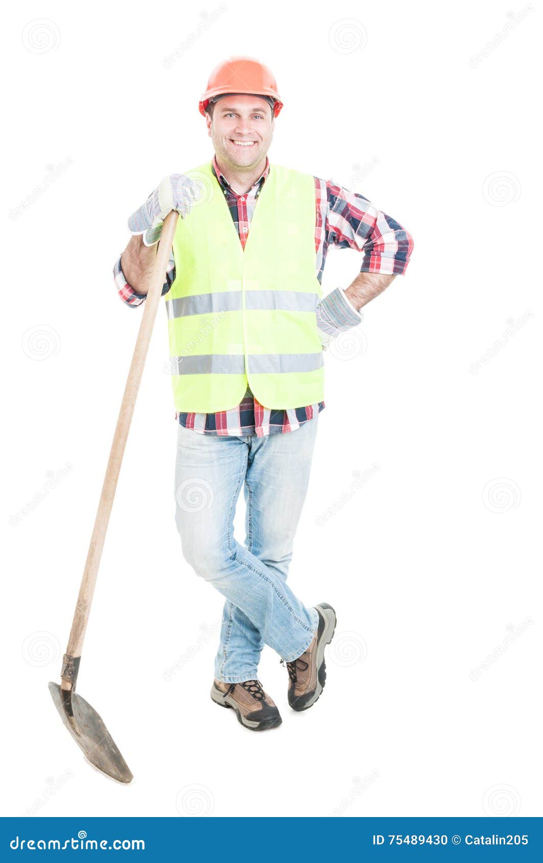 Muratore Sorridente Con Il Casco E La Pala Fotografia Stock - Immagine ...