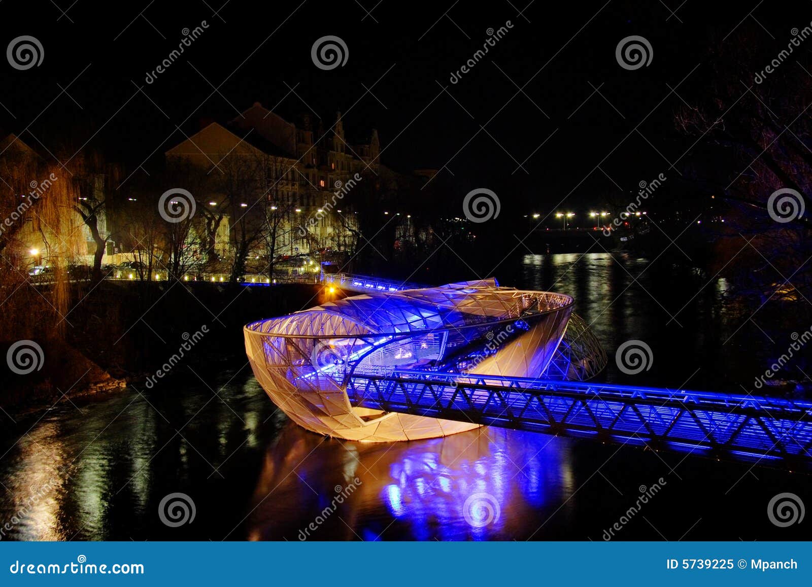 Illuminated Murinsel Artificial Island Bridge Construction, Graz, Night ...