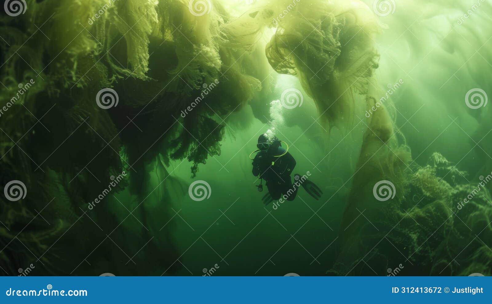 A Murky Ocean Scene with Dark Shadowy Water and a Thick Layer of Green ...