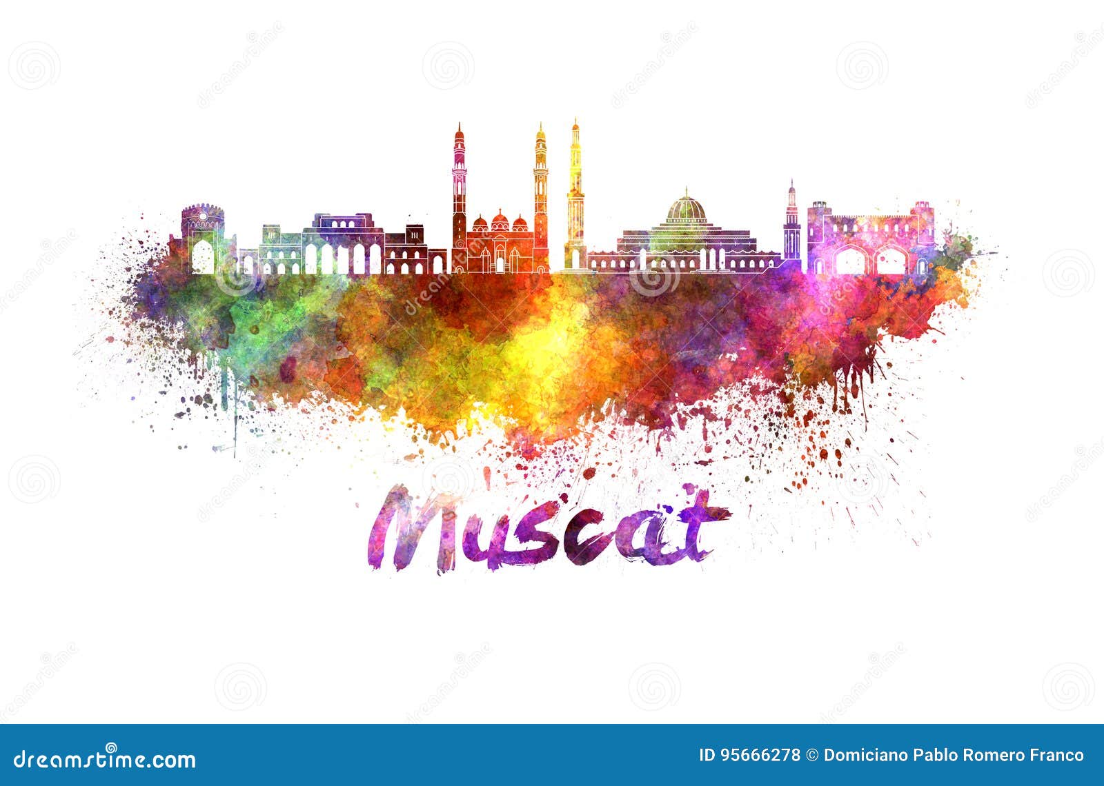 Muscat Skyline in Watercolor Stock Illustration - Illustration of ...