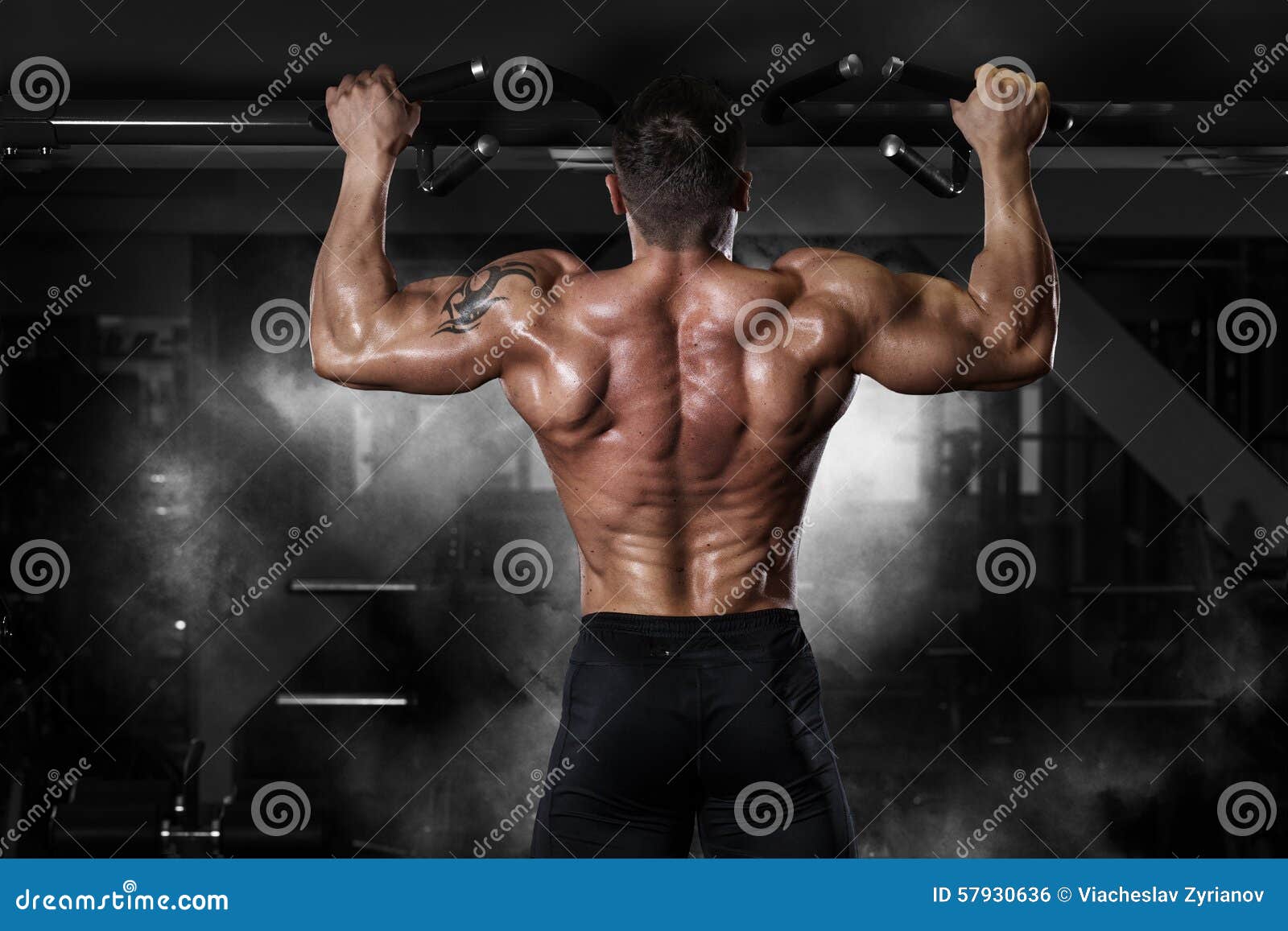 Muscle Athlete Man in Gym Making Pull Up Stock Photo - Image of ...