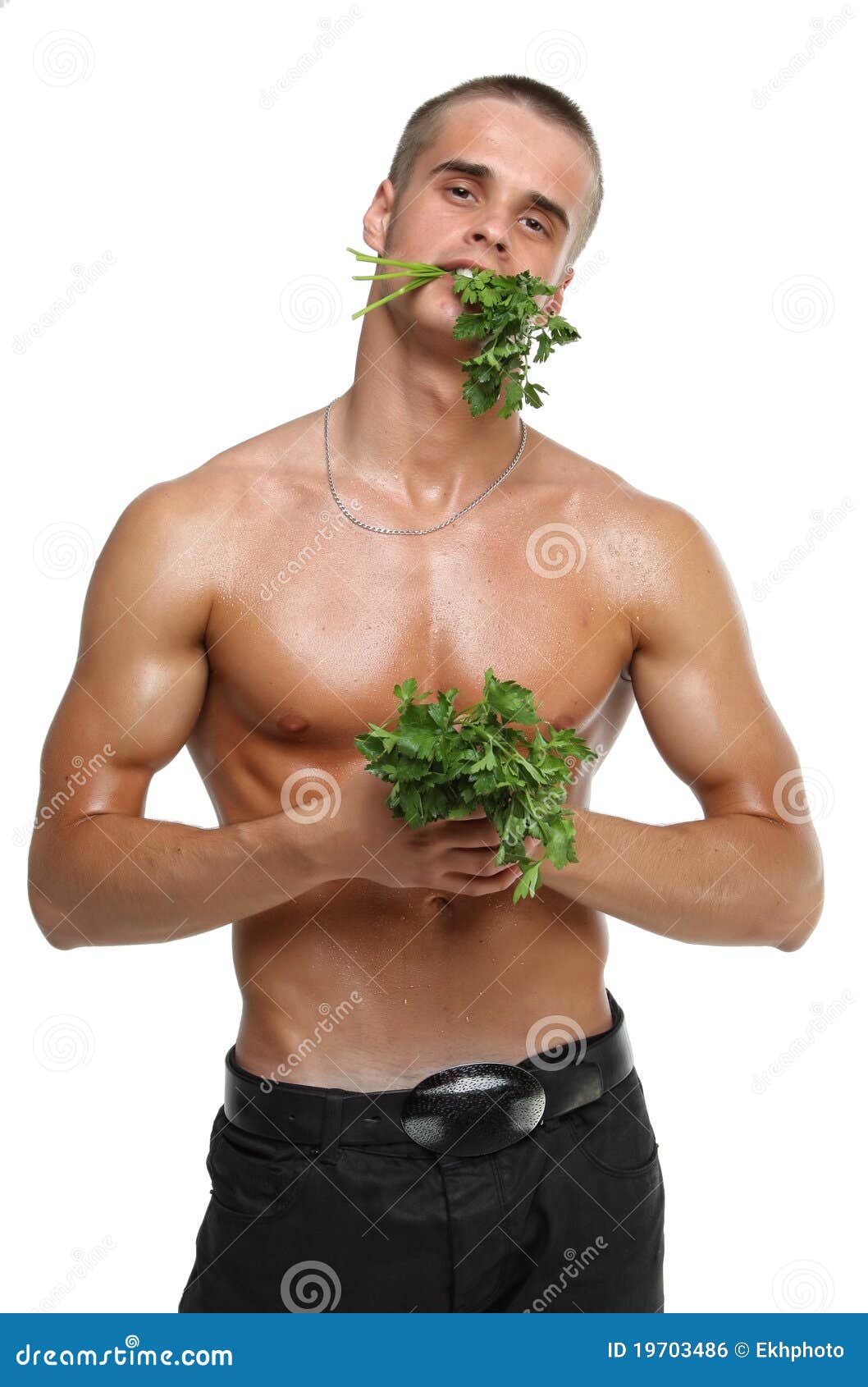 Muscle Jeune Mangeur Dhommes Nu Humide Sexy Le Persil Photo Stock